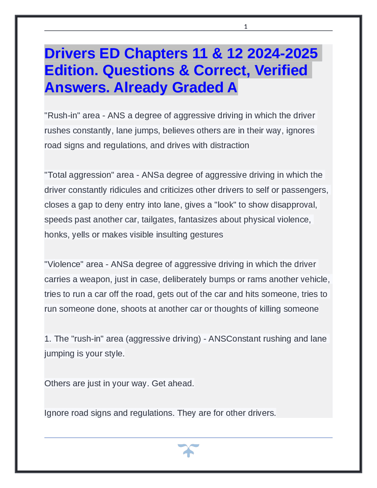 Drivers ED Chapters 11 & 12 2024-2025 Edition. Questions & Correct ...
