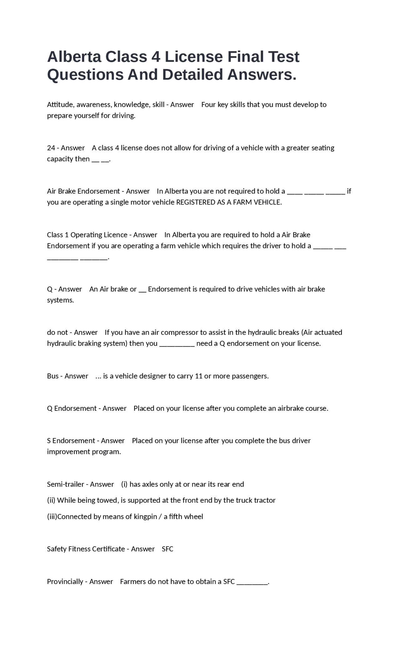 Alberta Class 4 License Final Test: Questions and Answers | Exams ...