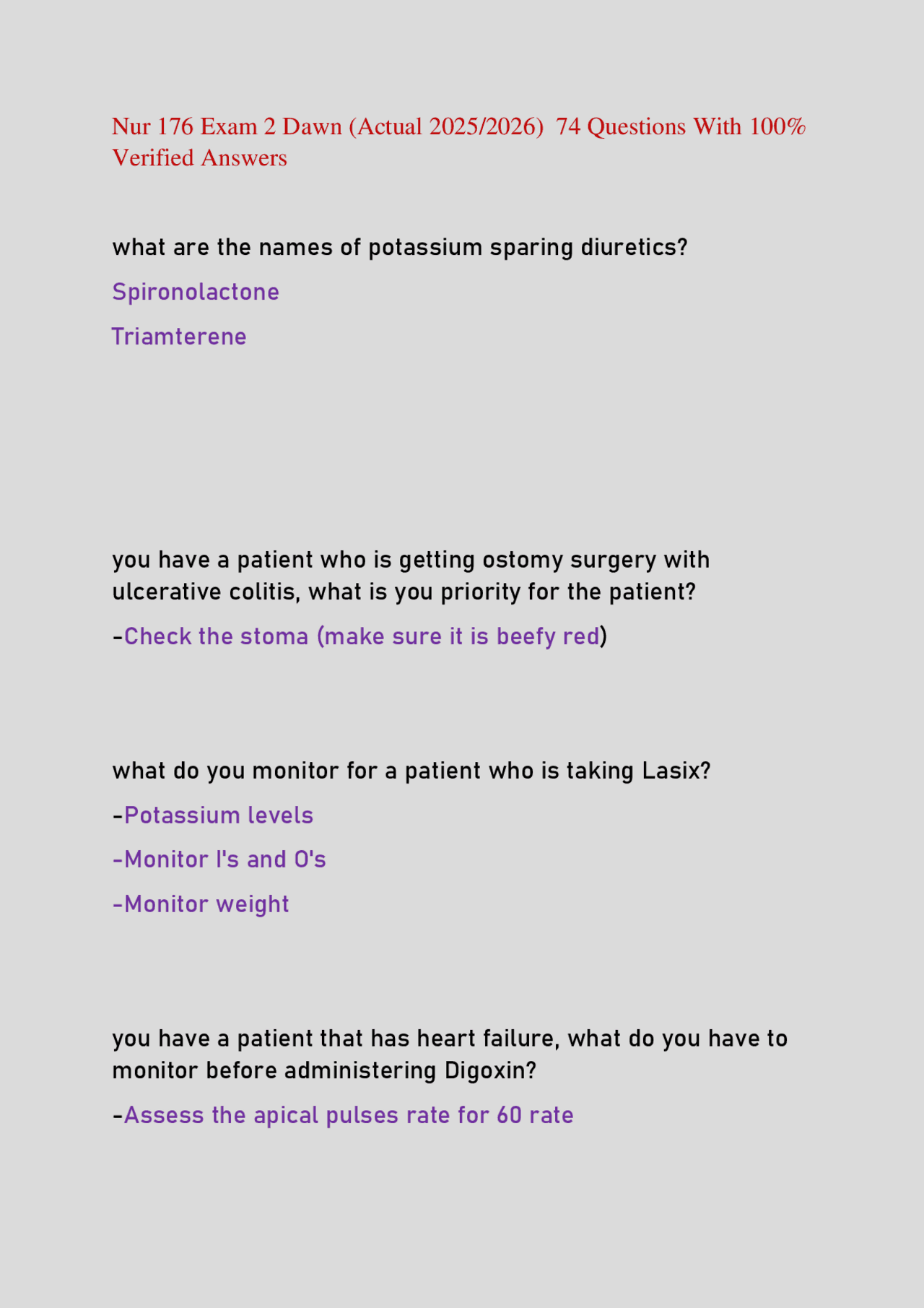 Nur 176 Exam 2 Dawn (Actual 2025/2026) 74 Questions With 100% Verified ...