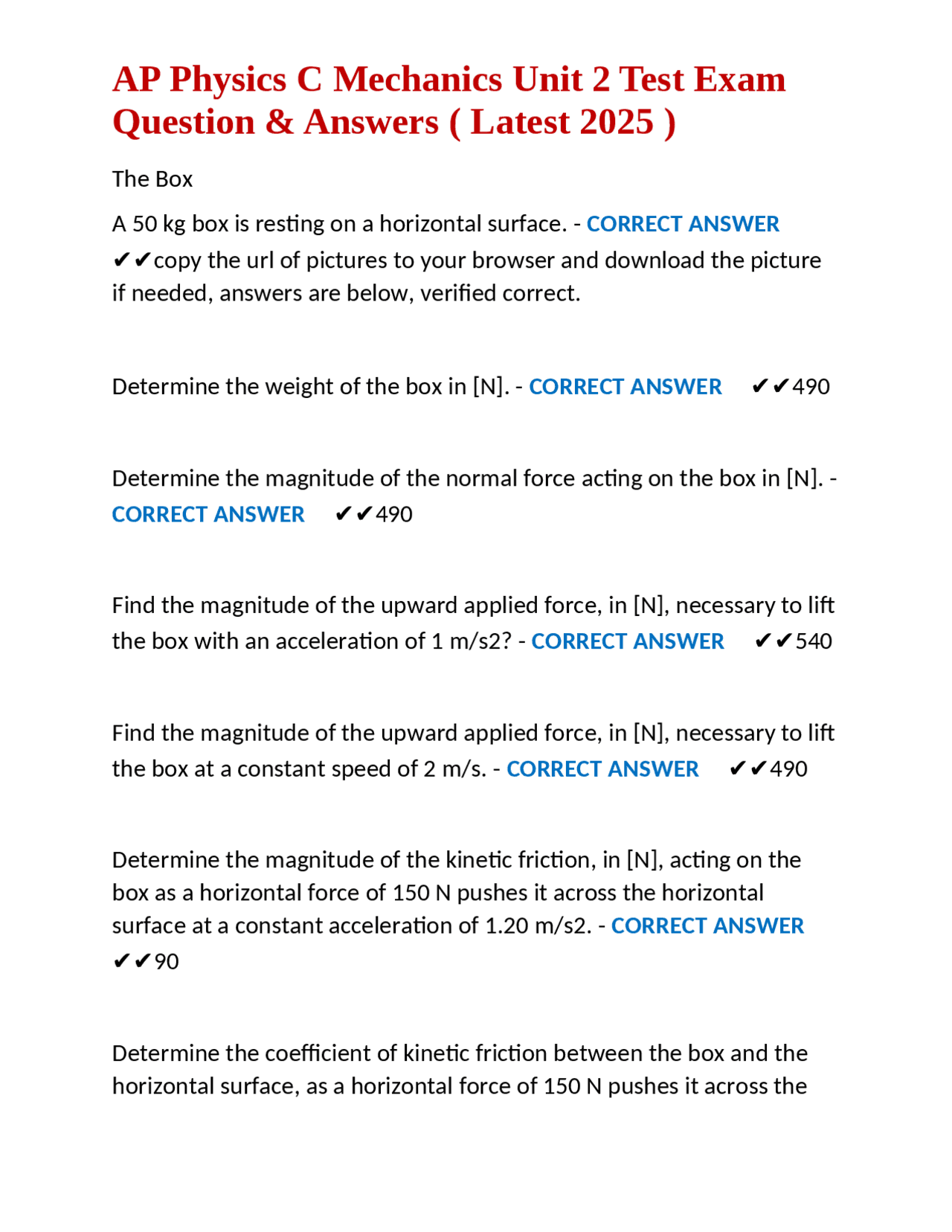 AP Physics C Mechanics Unit 2 Test Exam Question & Answers ( Latest ...