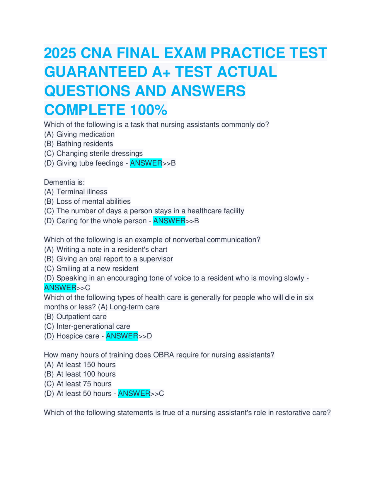20254-2025 CNA FINAL EXAM PRACTICE TEST GUARANTEED A+ TEST ACTUAL ...