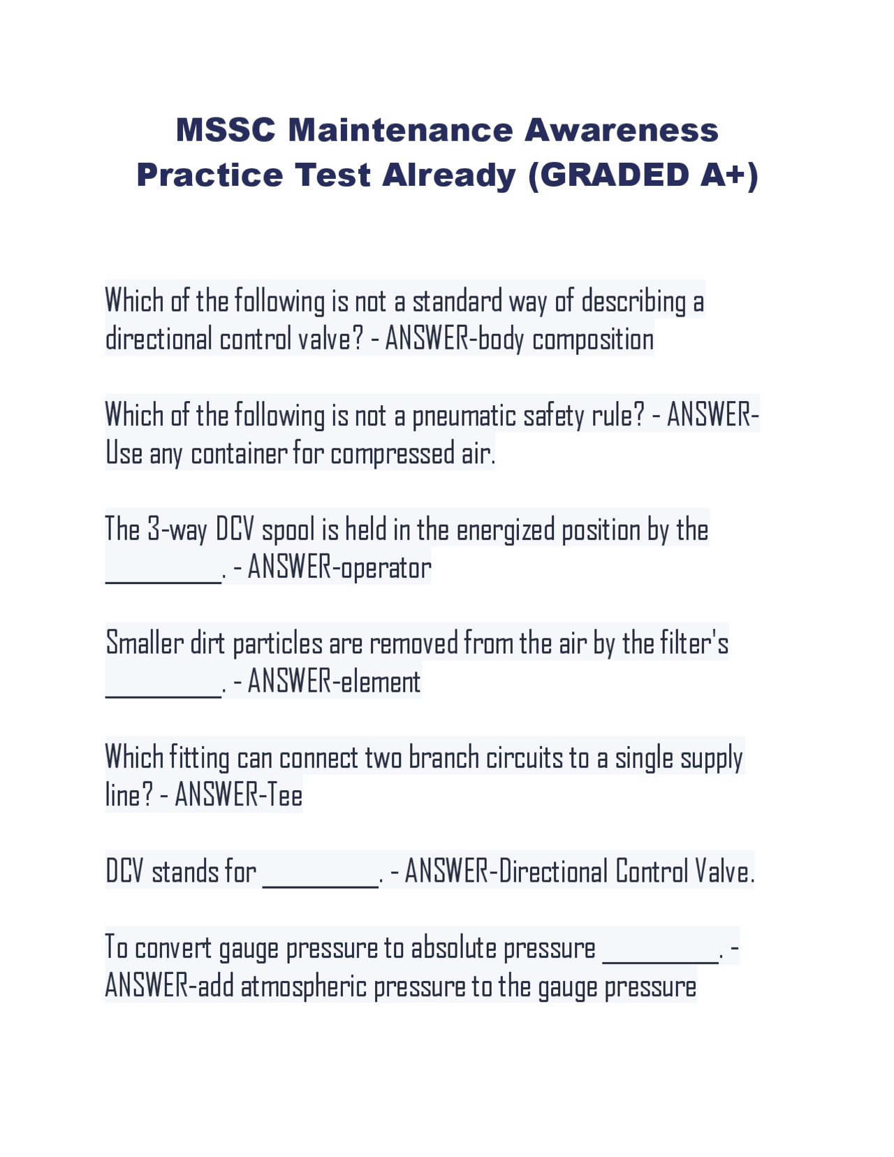 MSSC Maintenance Awareness Practice Test: Questions and Answers | Exams ...