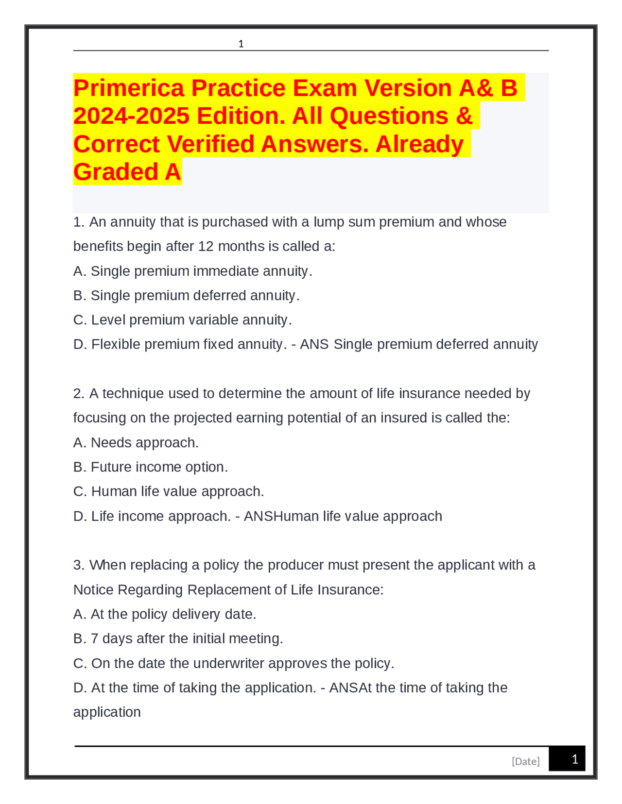 Primerica Practice Exam Version A& B 2024-2025 Edition. All Questions ...