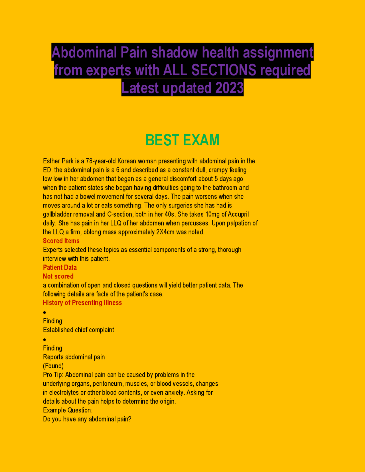 Abdominal Pain shadow health assignment from experts with ALL SECTIONS ...