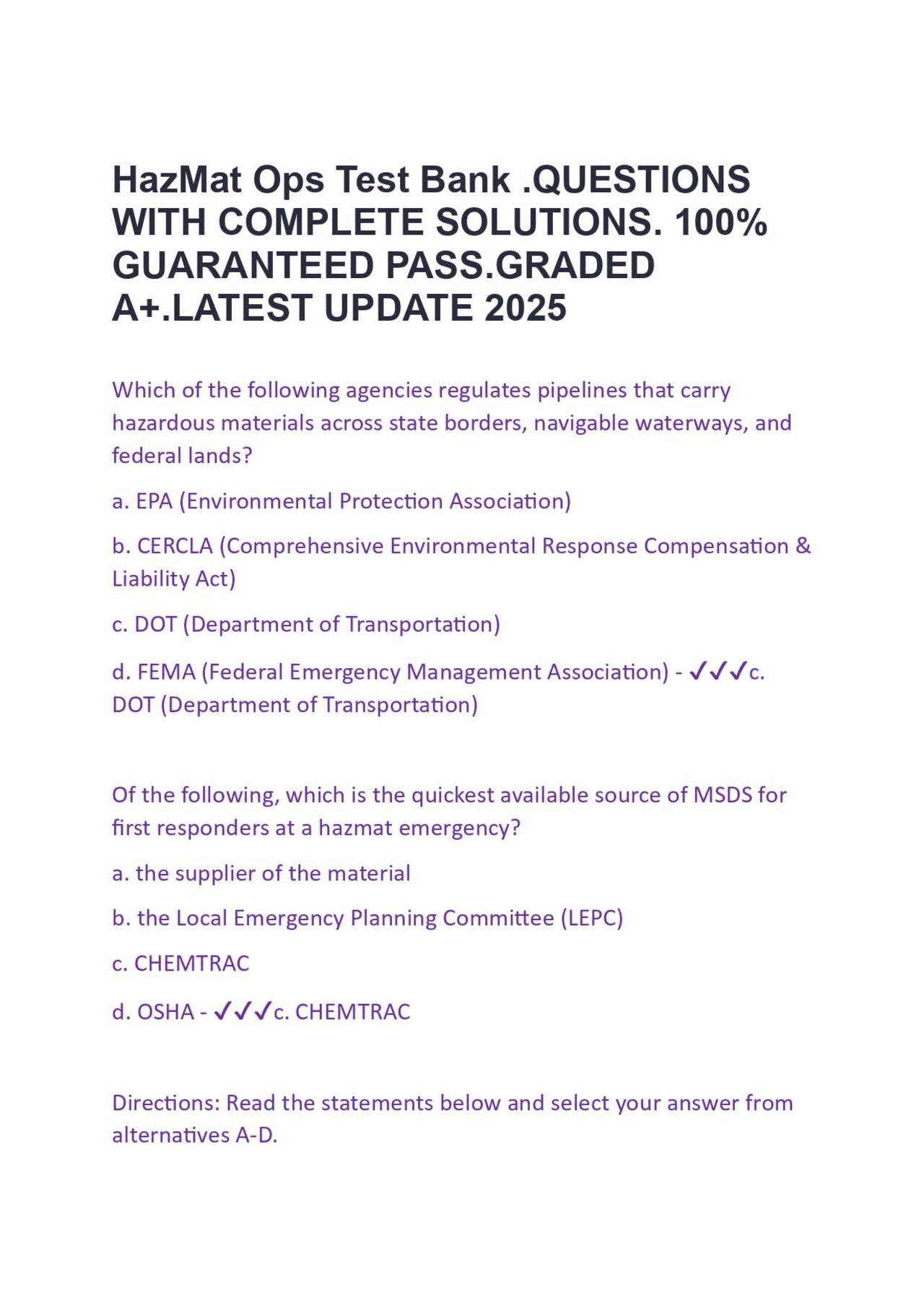 HazMat Ops Test Bank .QUESTIONS WITH COMPLETE SOLUTIONS. 100% ...