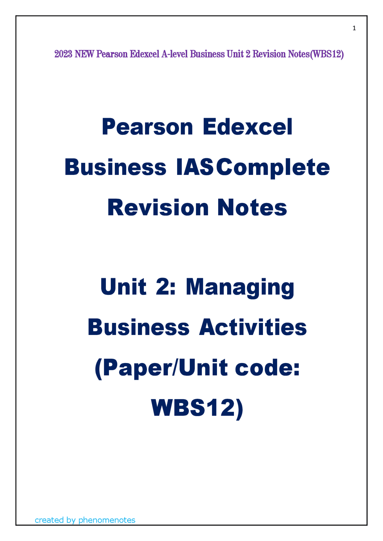 2023 NEW Pearson Edexcel A-level Business Unit 2 Revision Notes(WBS12 ...