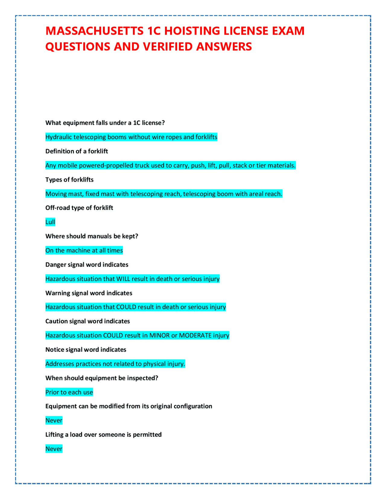MASSACHUSETTS 1C HOISTING LICENSE EXAM QUESTIONS AND VERIFIED ANSWERS ...