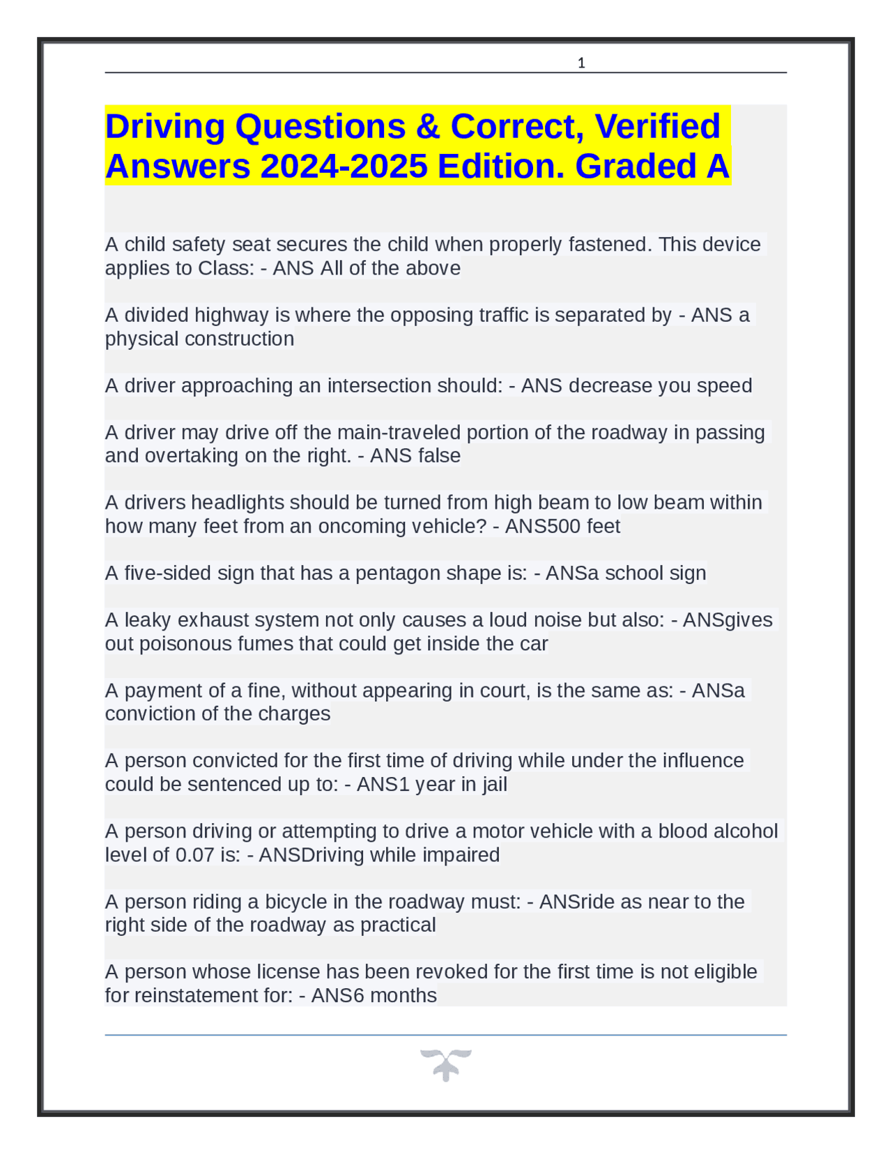 Driving Questions & Correct, Verified Answers 2024-2025 Edition. Graded ...