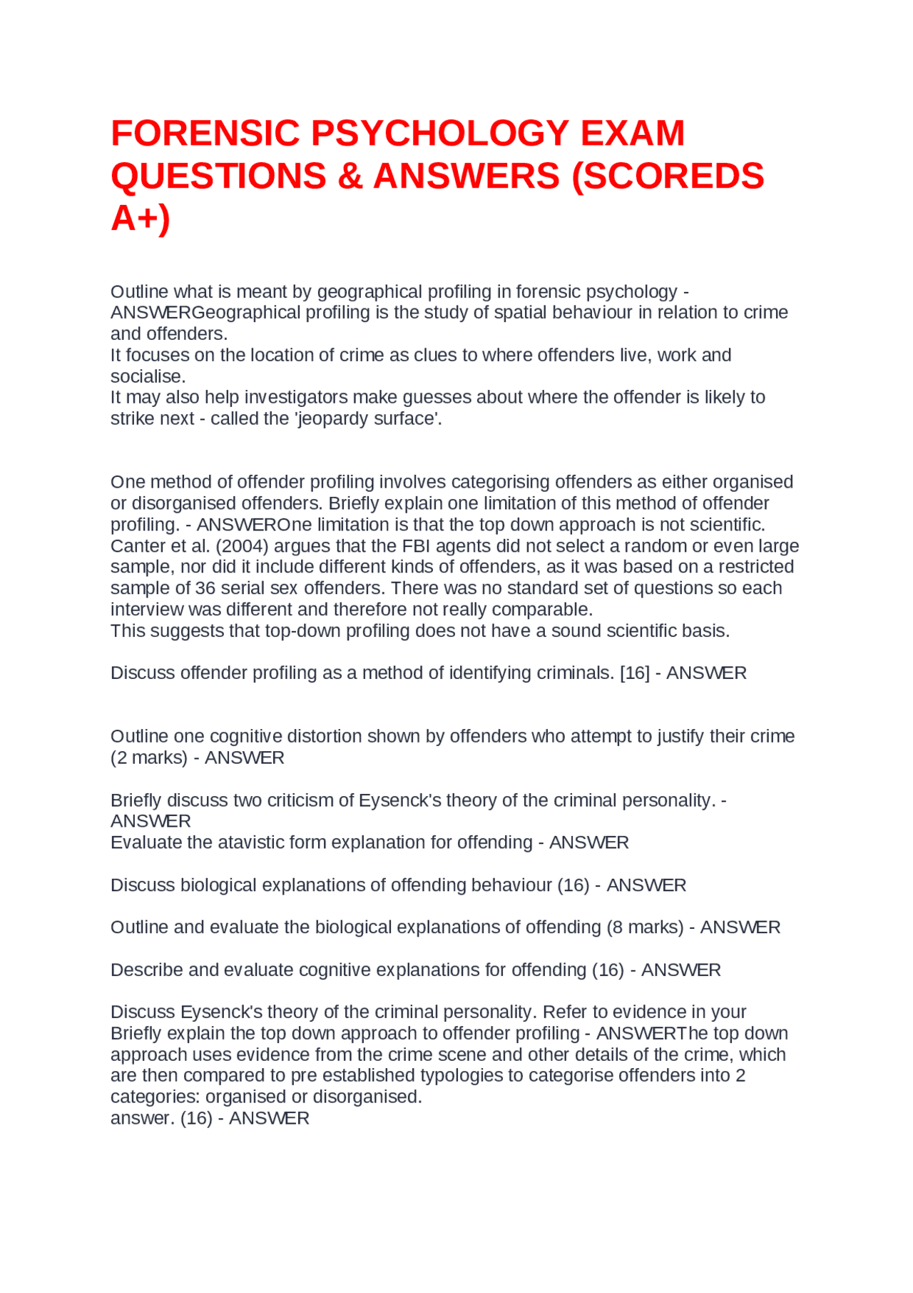 FORENSIC PSYCHOLOGY EXAM QUESTIONS & ANSWERS (SCOREDS A+) | Exams ...