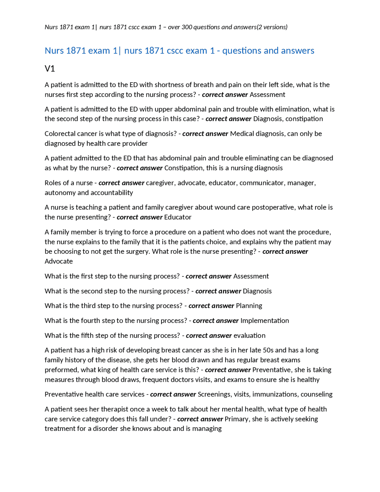 Nurs 1871 exam 1| nurs 1871 cscc exam 1 – over 300 questions and ...