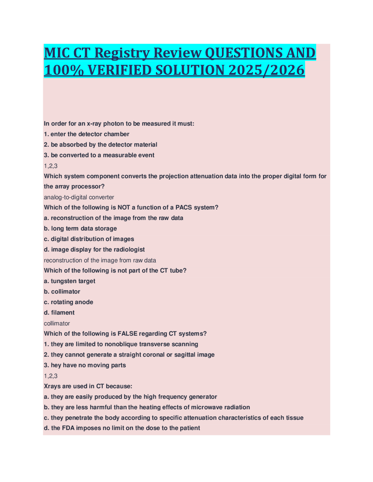MIC CT Registry Review QUESTIONS AND 100% VERIFIED SOLUTION 2025/2026 ...