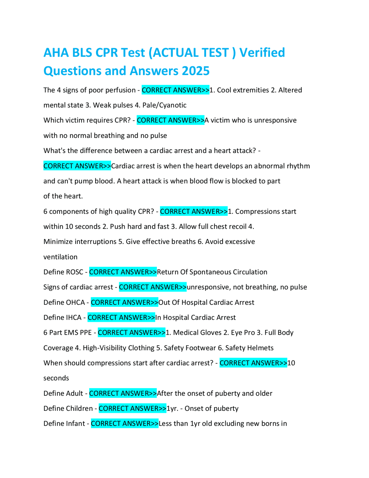 AHA BLS CPR Test (ACTUAL TEST ) Verified Questions and Answers 2025 ...