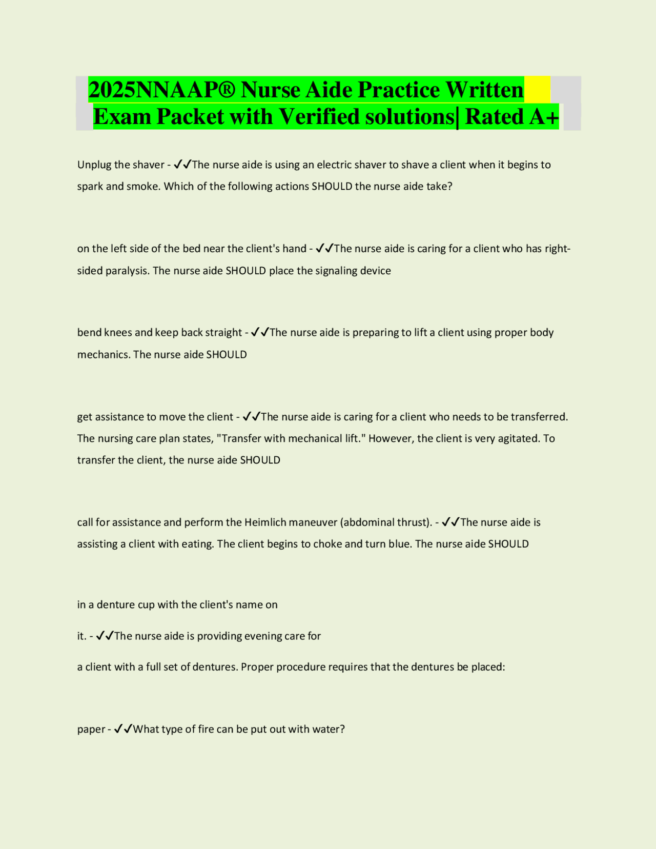 2025NNAAP® Nurse Aide Practice Written Exam Packet with Verified ...