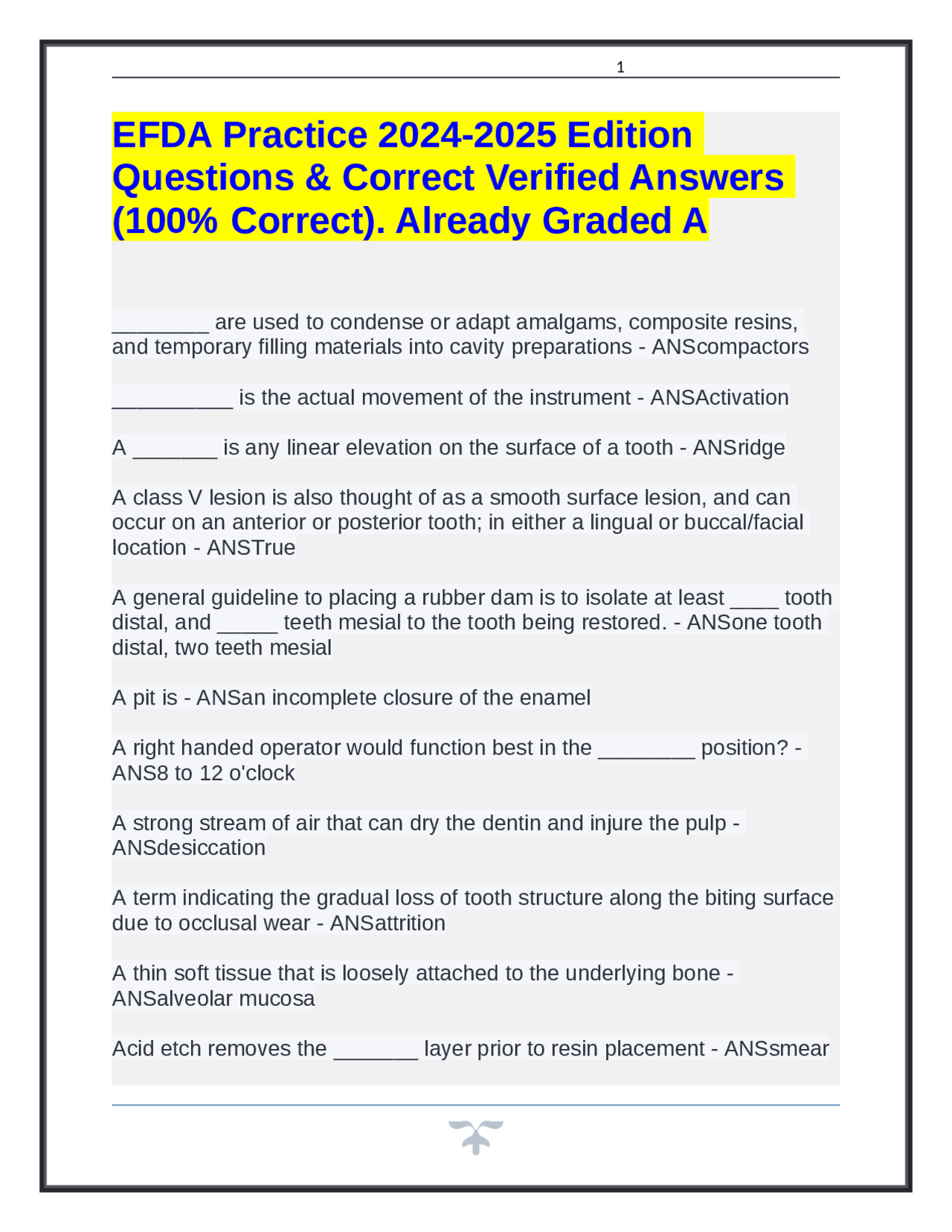 EFDA Practice 2024-2025 Edition Questions & Correct Verified Answers (100% Correct). | Exams ...