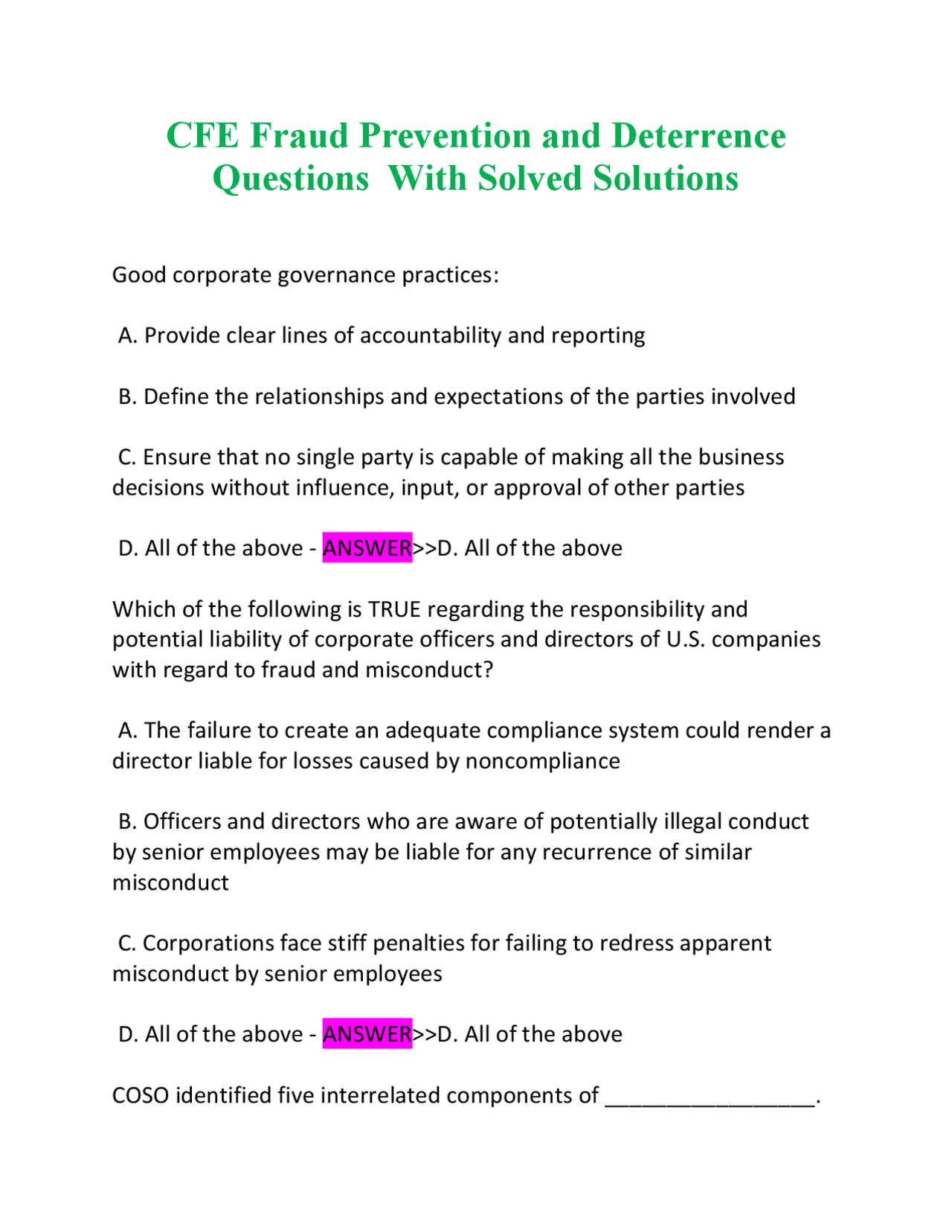 CFE Fraud Prevention and Deterrence: Multiple Choice Questions with ...