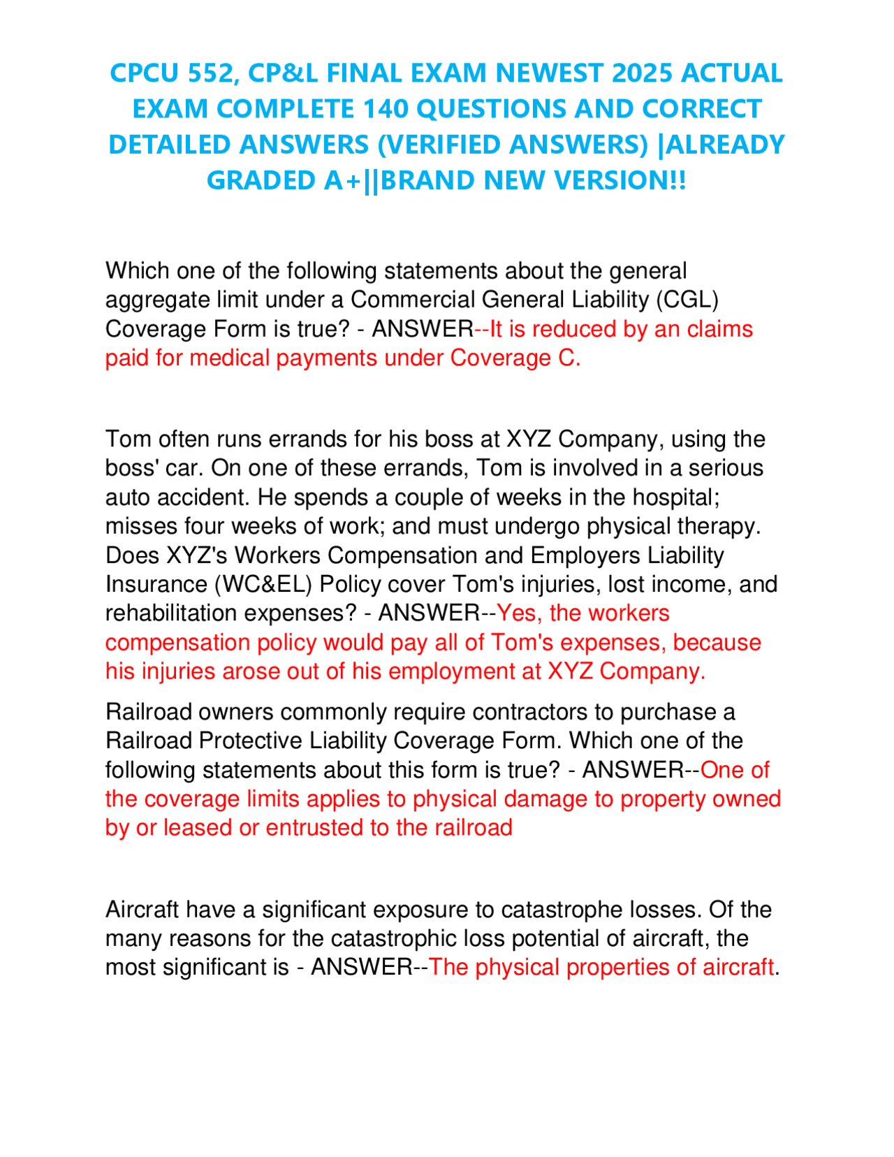 CPCU 552, CP&L FINAL EXAM NEWEST 2025 ACTUAL EXAM COMPLETE 140 QUESTIONS AND CORRECT DET | Exams ...