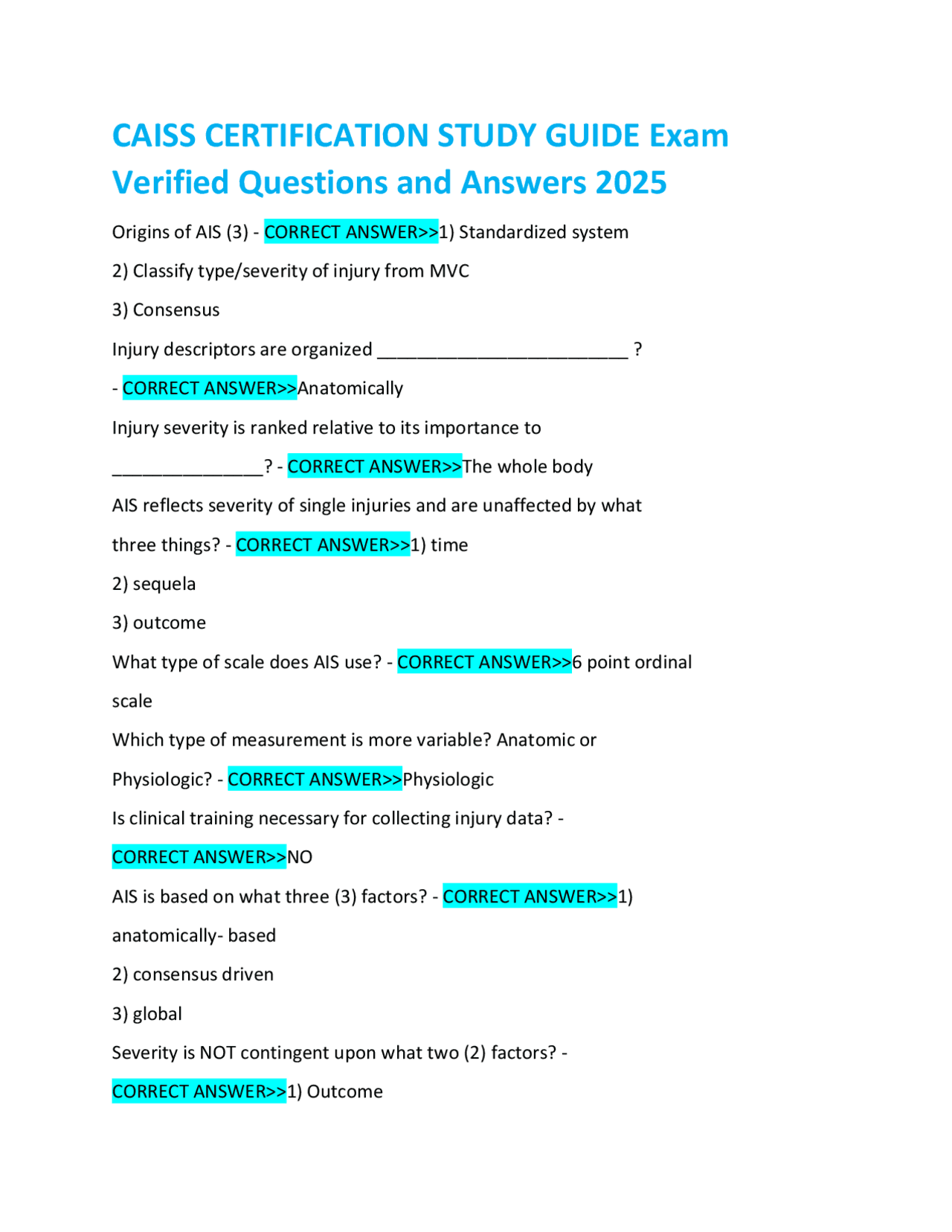 CAISS Certification Study Guide Exam: Verified Questions and Answers ...