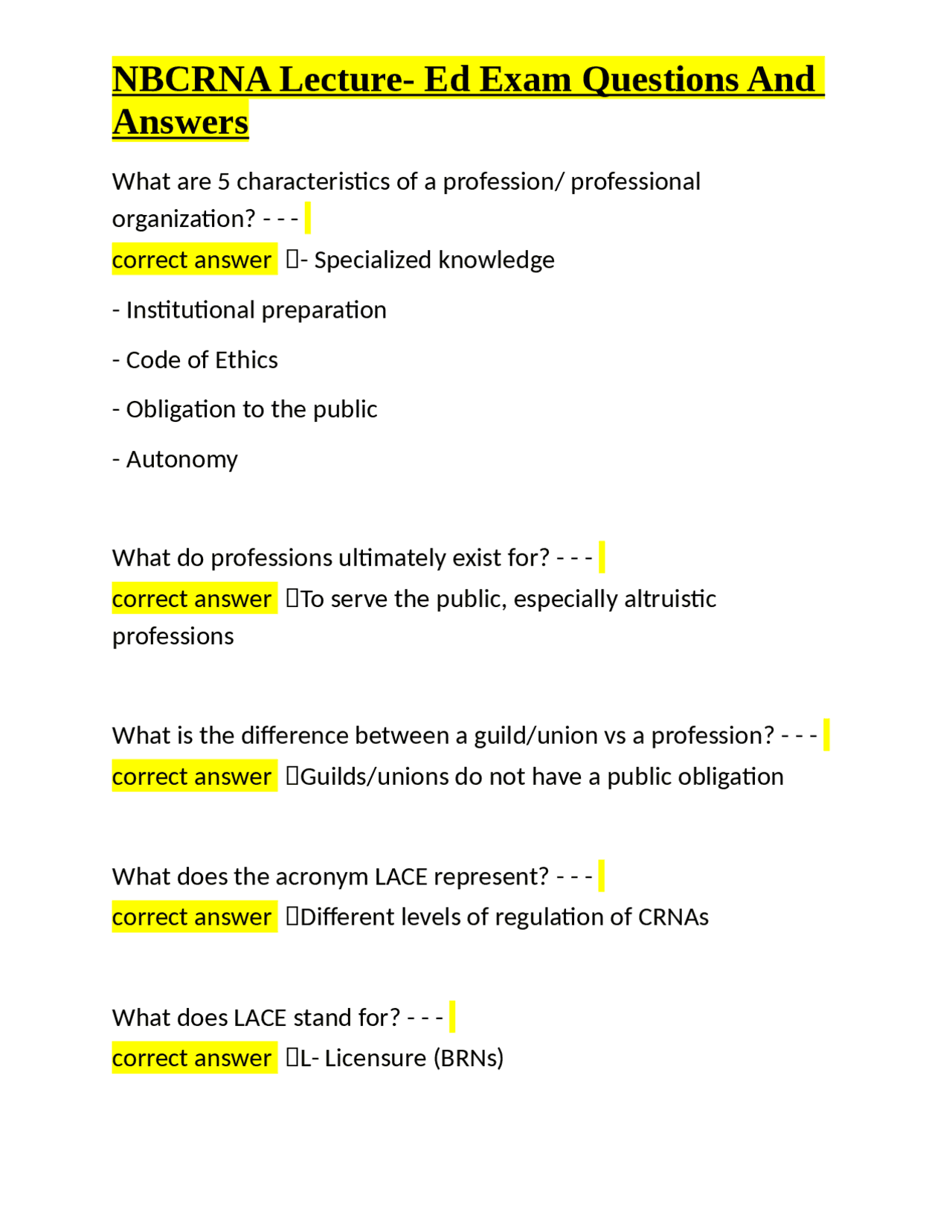 NBCRNA Lecture- Ed Exam Questions And Answers | Exams Anatomy | Docsity