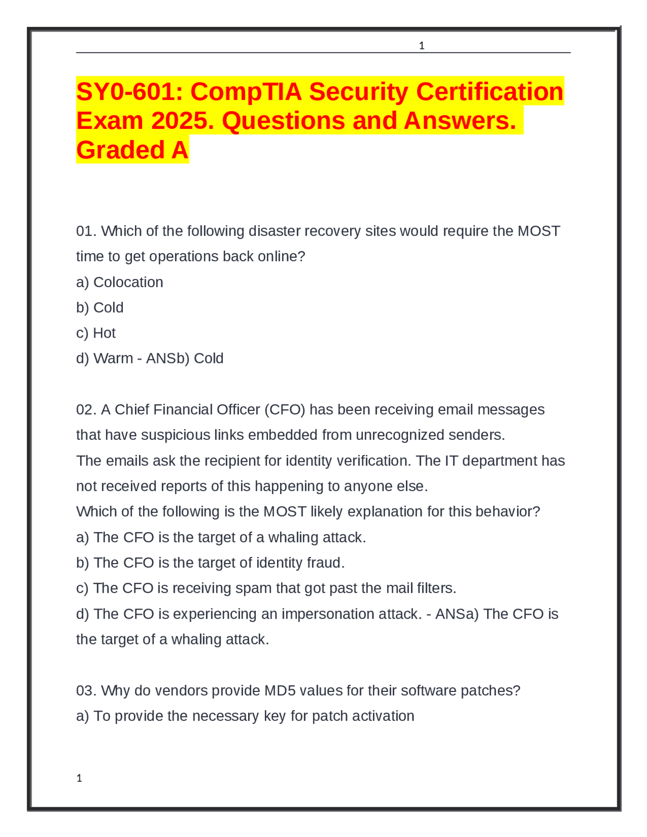 CompTIA Security+ Certification Exam SY0-601: Practice Questions and ...