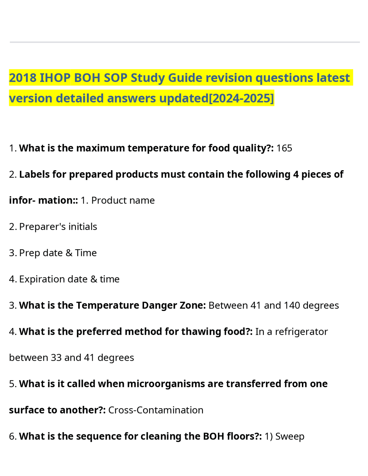 2018 IHOP BOH SOP Study Guide revision questions latest version ...