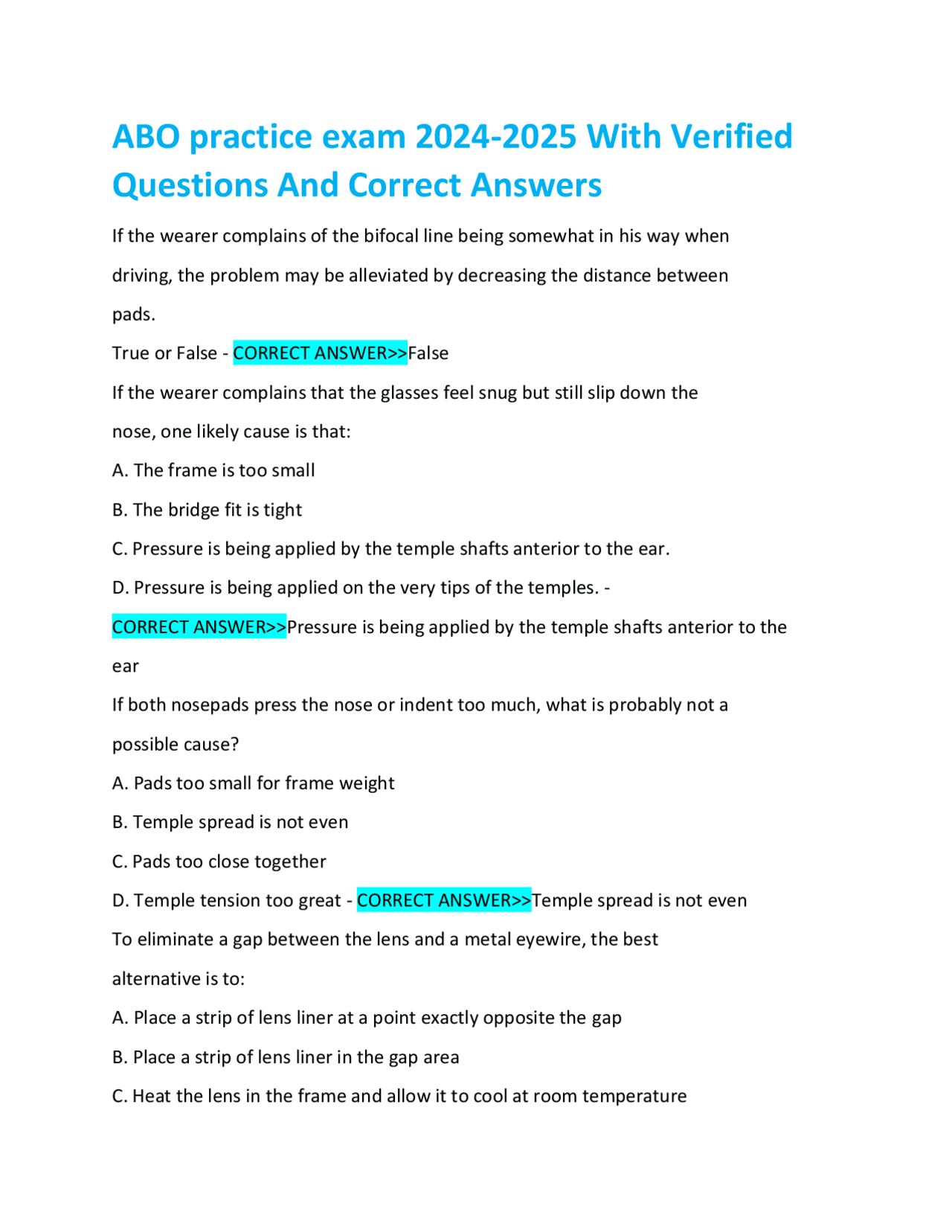 ABO Practice Exam 2024-2025: Comprehensive Review of Optometry Concepts ...