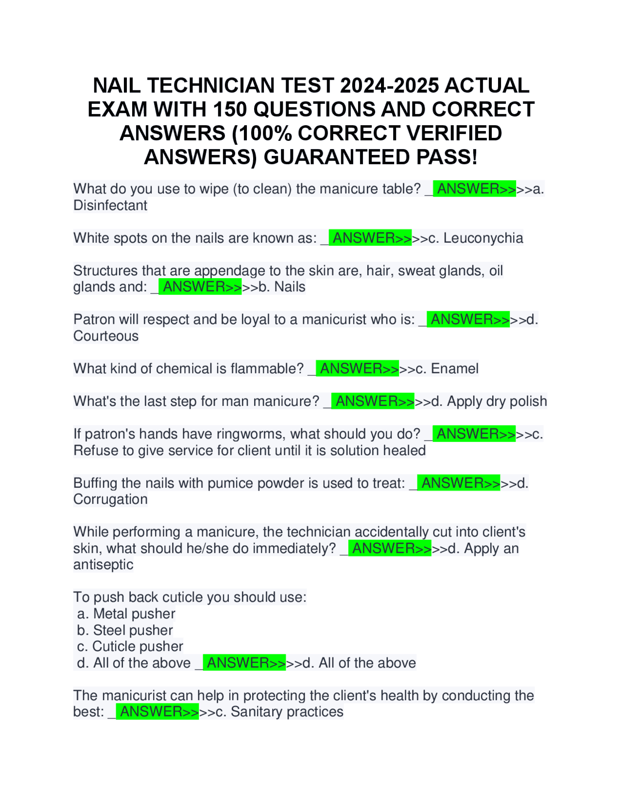 NAIL TECHNICIAN TEST 2024-2025 ACTUAL EXAM WITH 150 QUESTIONS AND ...