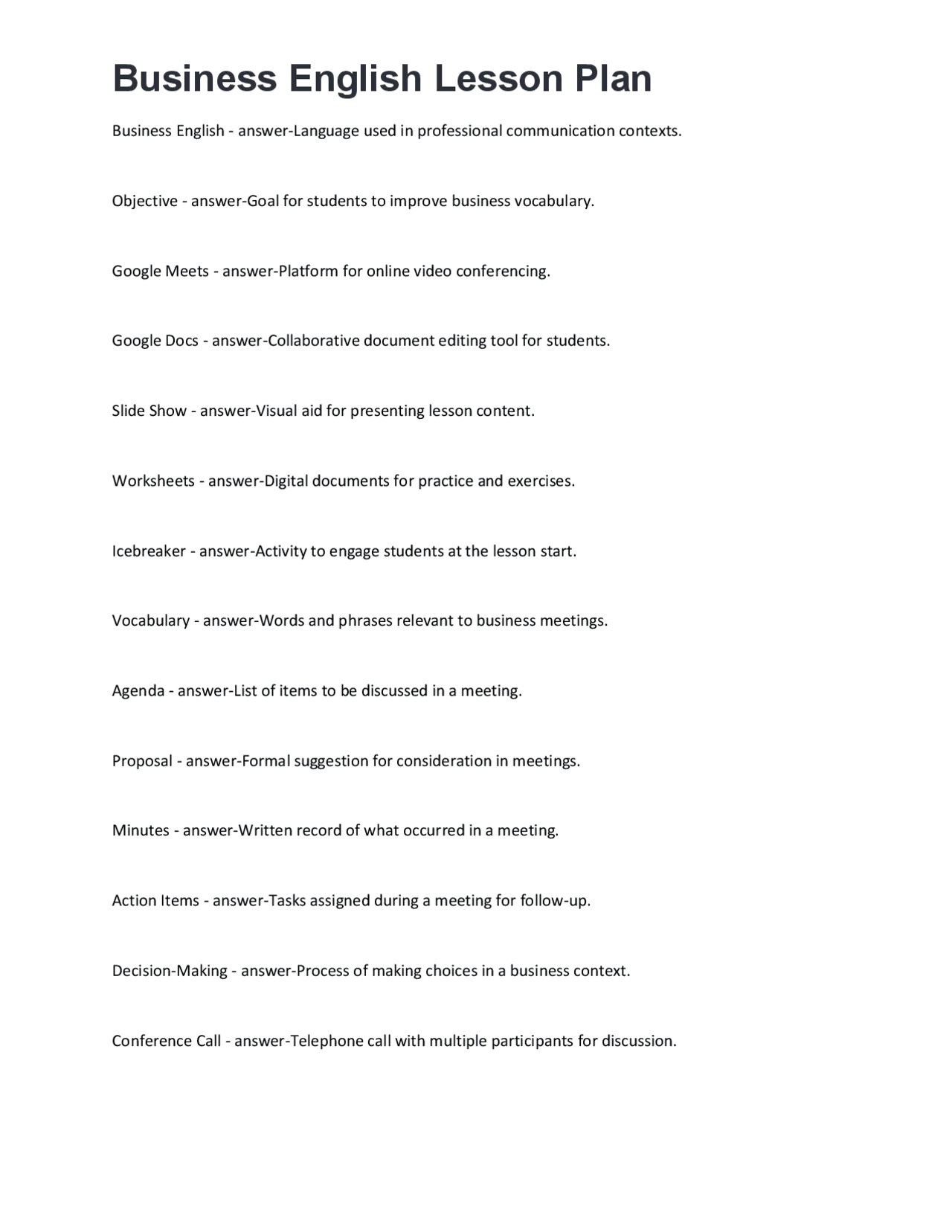 Business English Lesson Plan | Exams Business English | Docsity