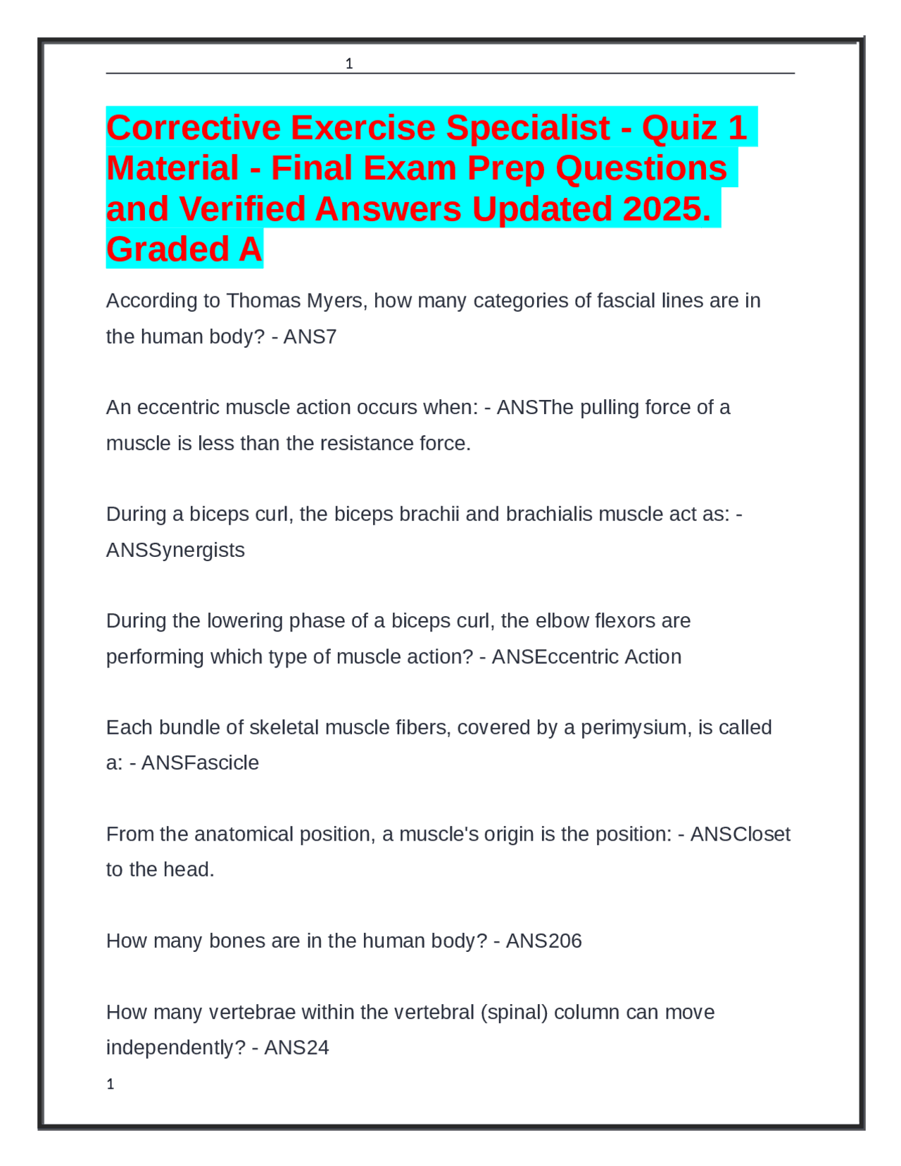 Corrective Exercise Specialist - Quiz 1 Material - Final Exam Prep ...