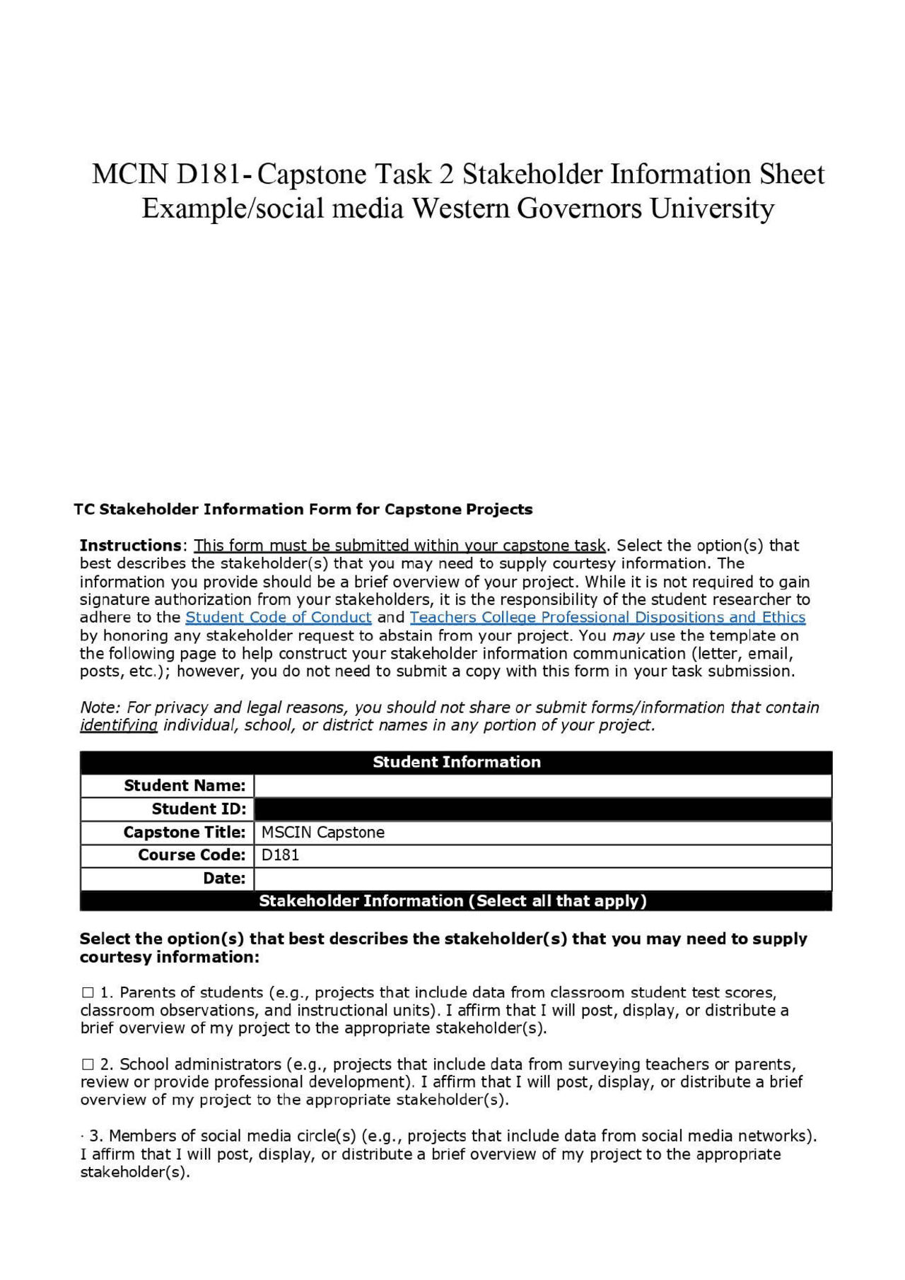 MCIN D181- Capstone Task 2 Stakeholder Information Sheet Example social ...