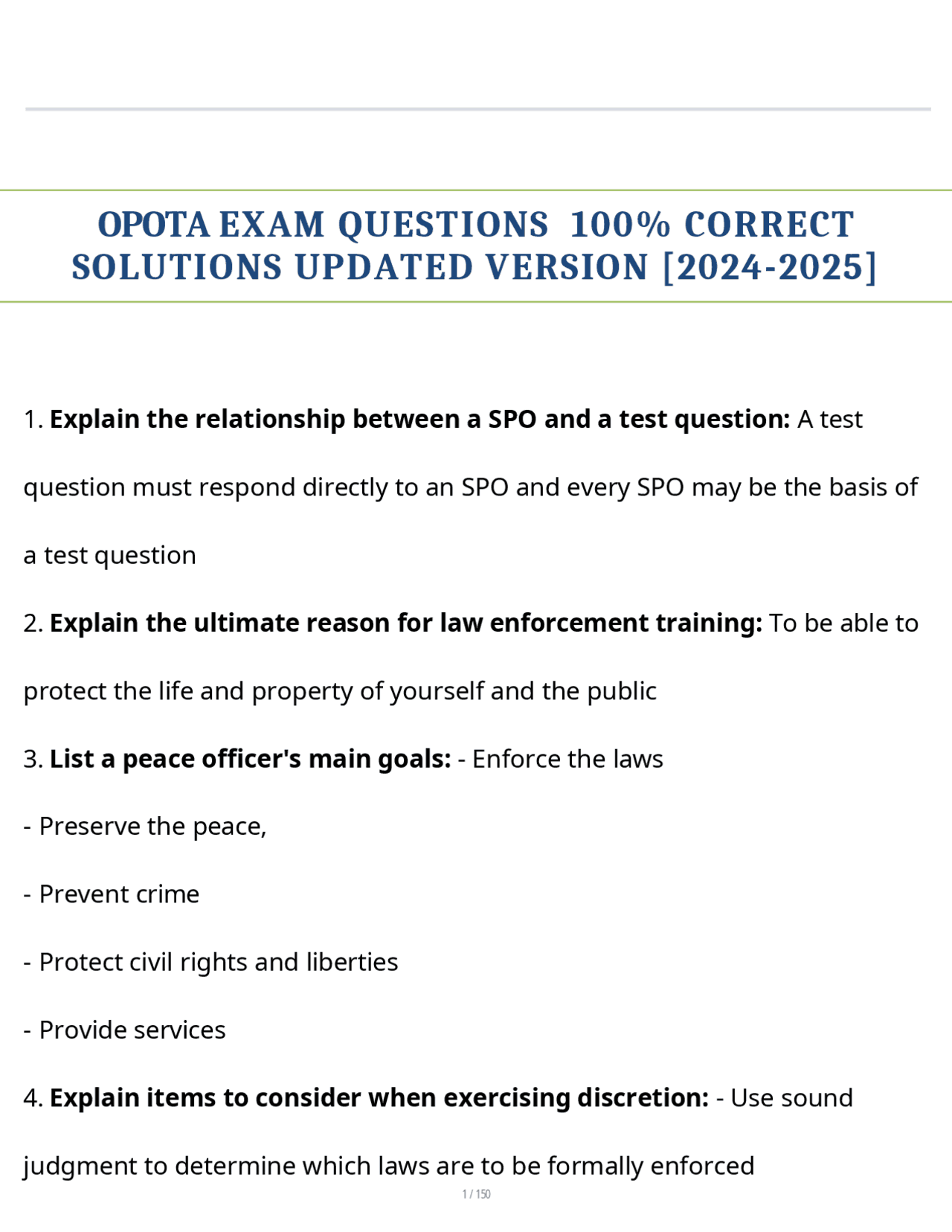 OPOTA EXAM QUESTIONS 100% CORRECT SOLUTIONS UPDATED VERSION [2024-2025 ...