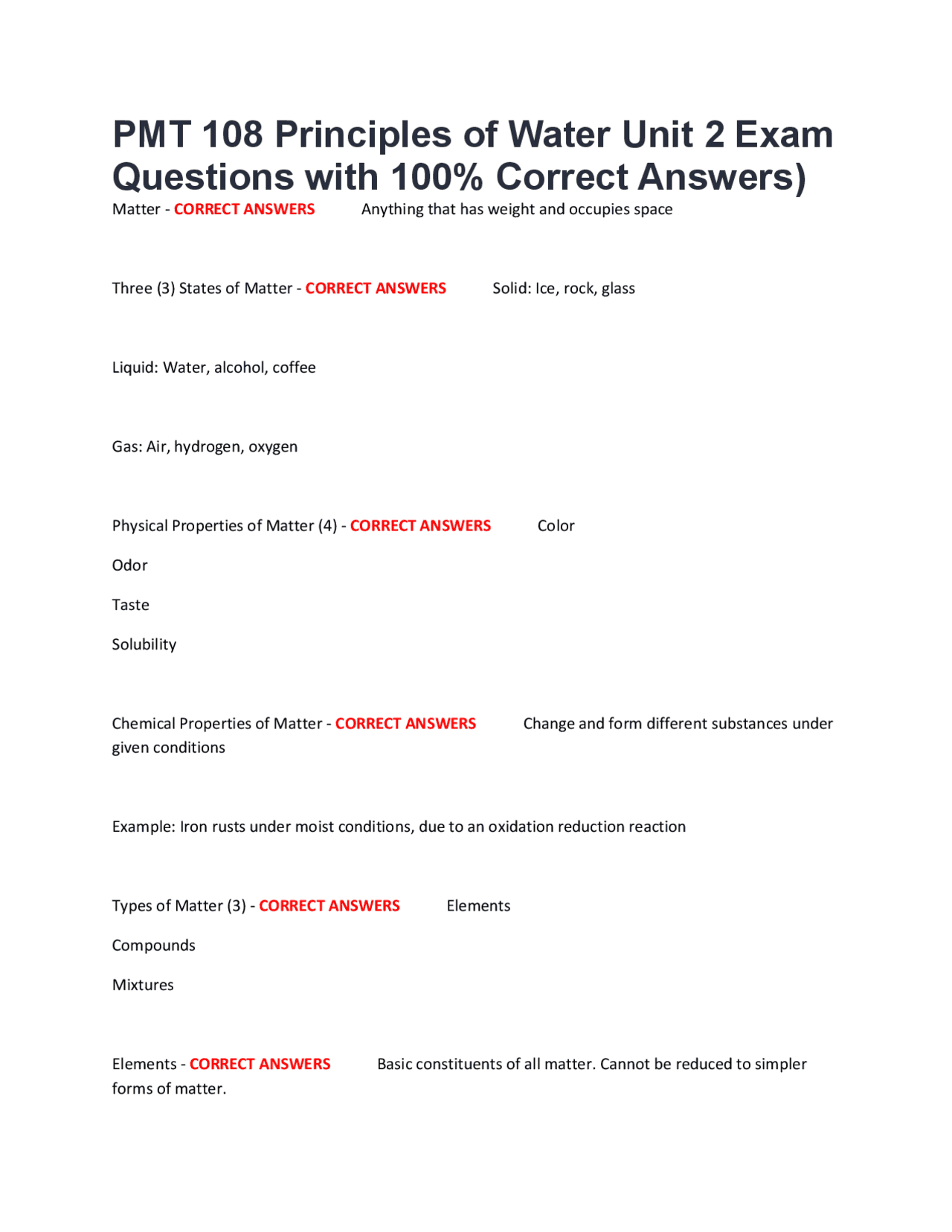 PMT 108 Principles of Water Unit 2 Exam Questions with 100% Correct ...