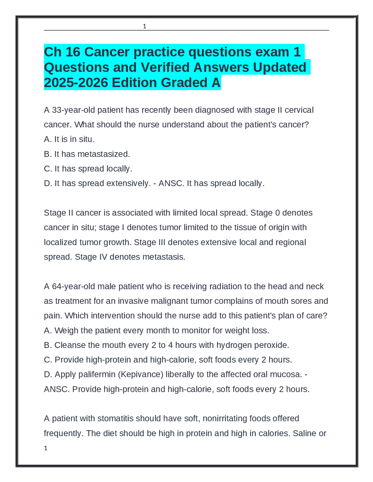 Cancer Practice Questions: Exam 1 - Ch 16 | Exams Health sciences | Docsity