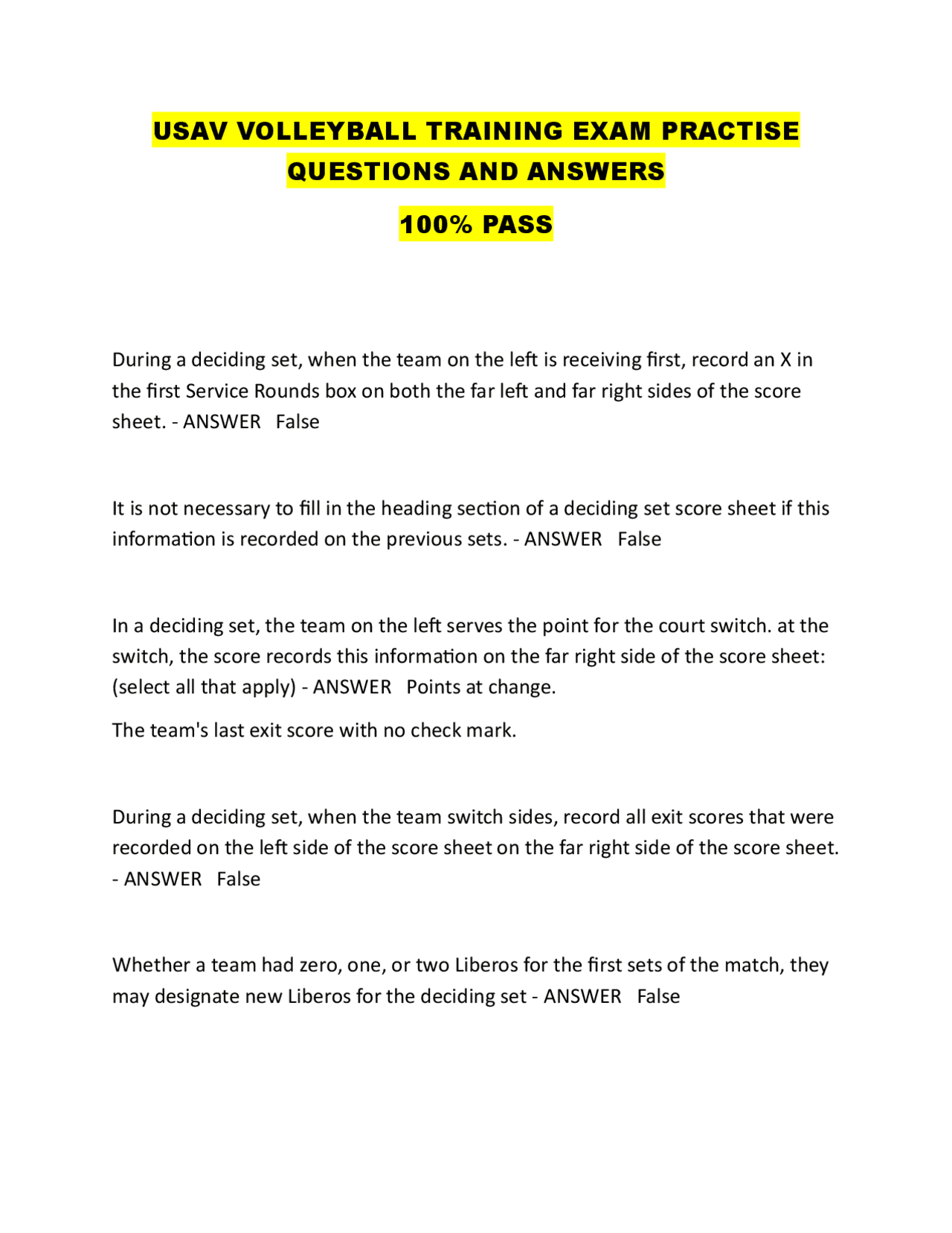 USAV Volleyball Training Exam Practice Questions and Answers | Exams ...