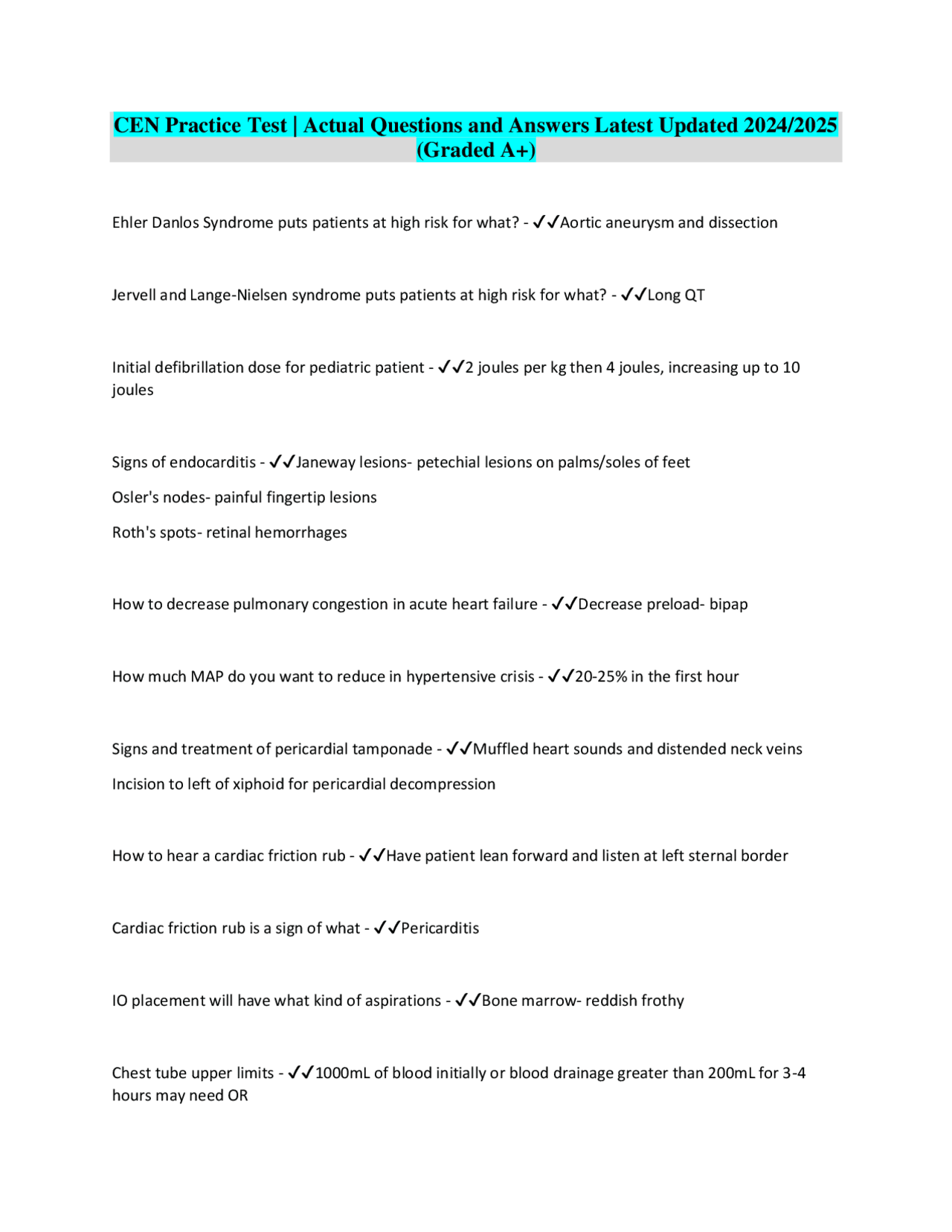 CEN Practice Test | Actual Questions and Answers Latest Updated 2024/ ...