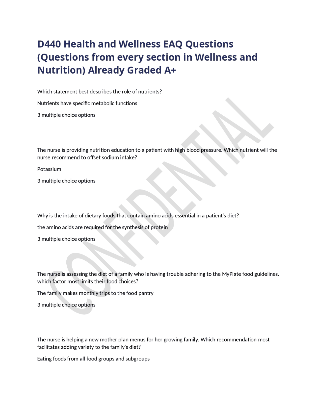 D440 Health and Wellness EAQ Questions (Questions from every section in ...