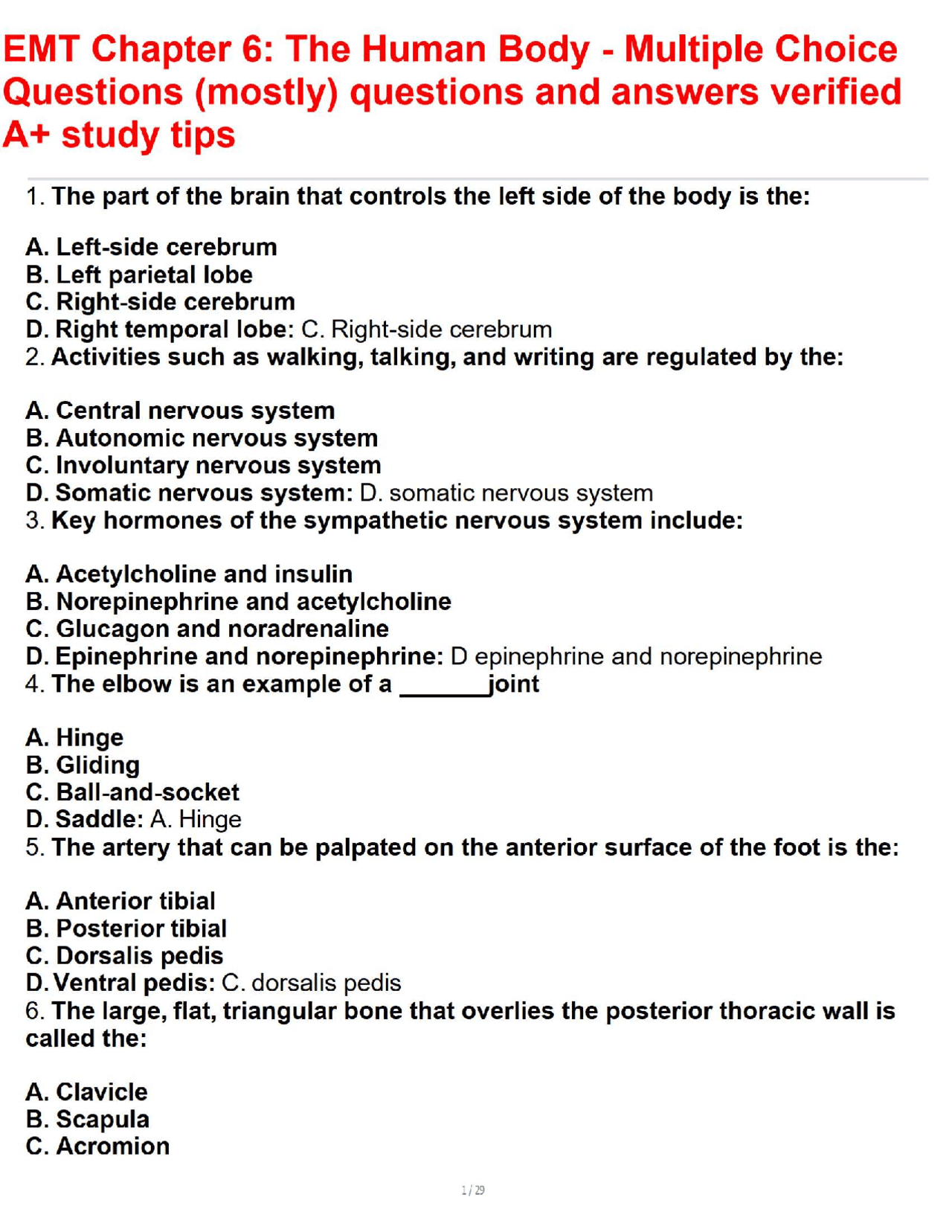 EMT Chapter 6 The Human Body - Multiple Choice Questions (mostly) questions and answers ve ...