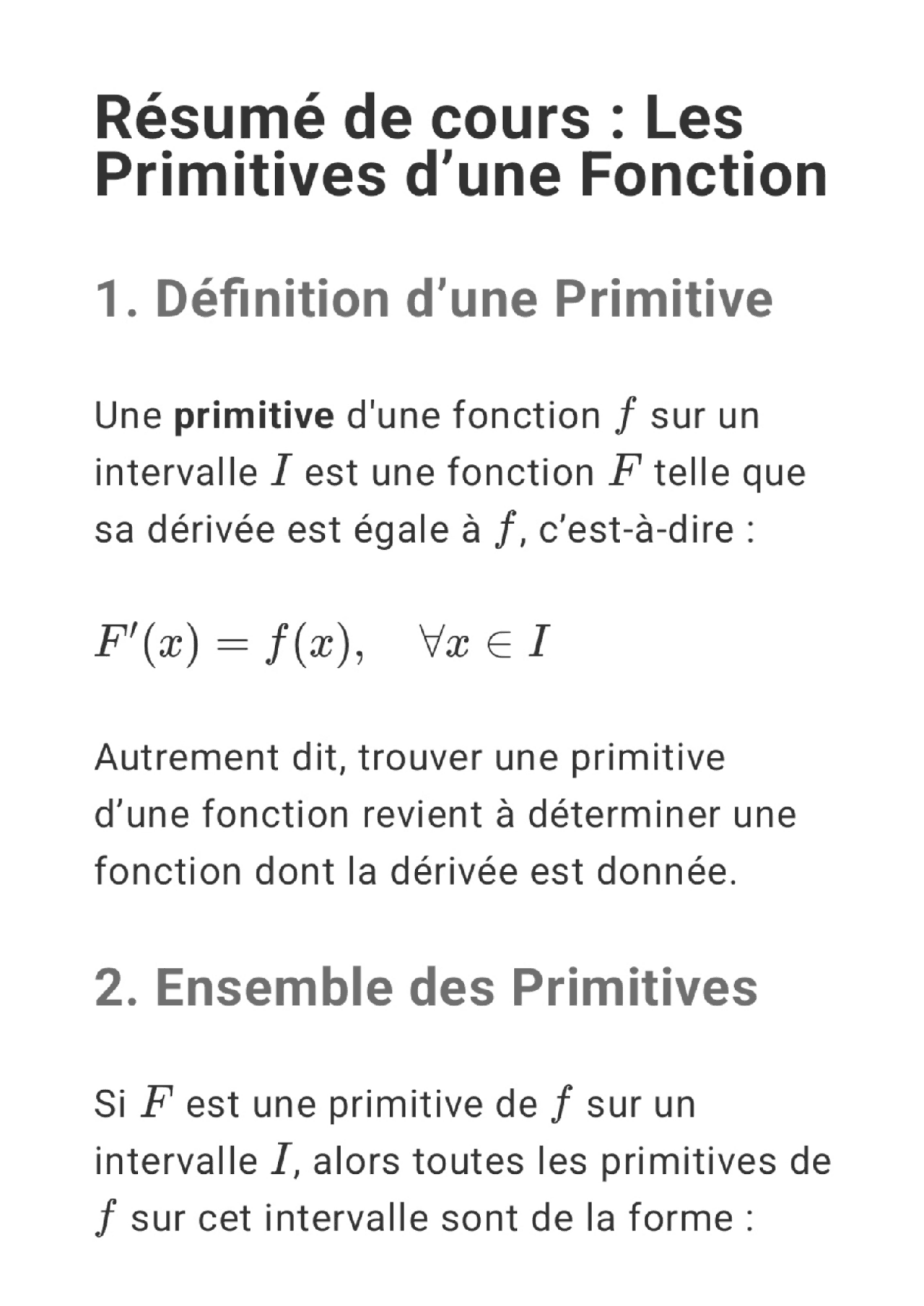 Primitive et intégration | Summaries Mathematics | Docsity