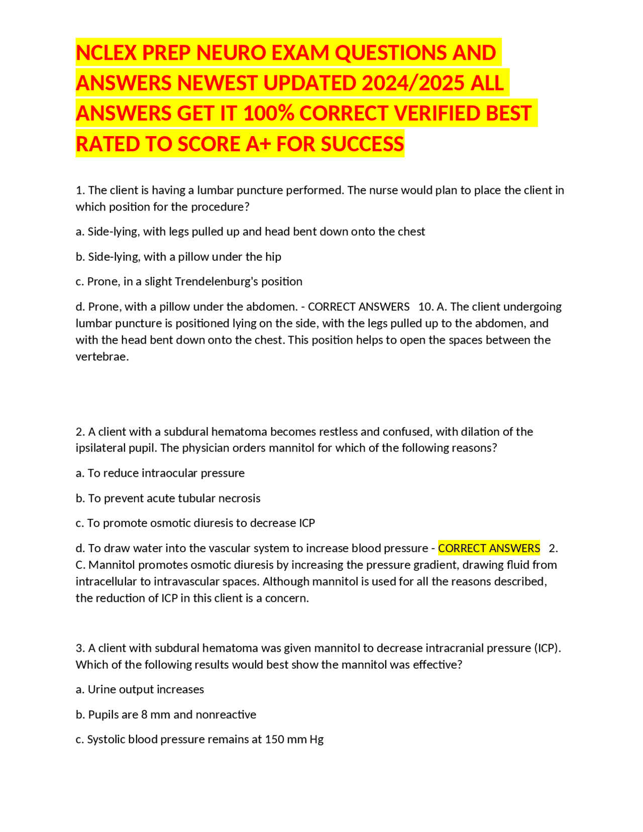 NCLEX PREP NEURO EXAM QUESTIONS AND ANSWERS NEWEST UPDATED 2024/2025 ...