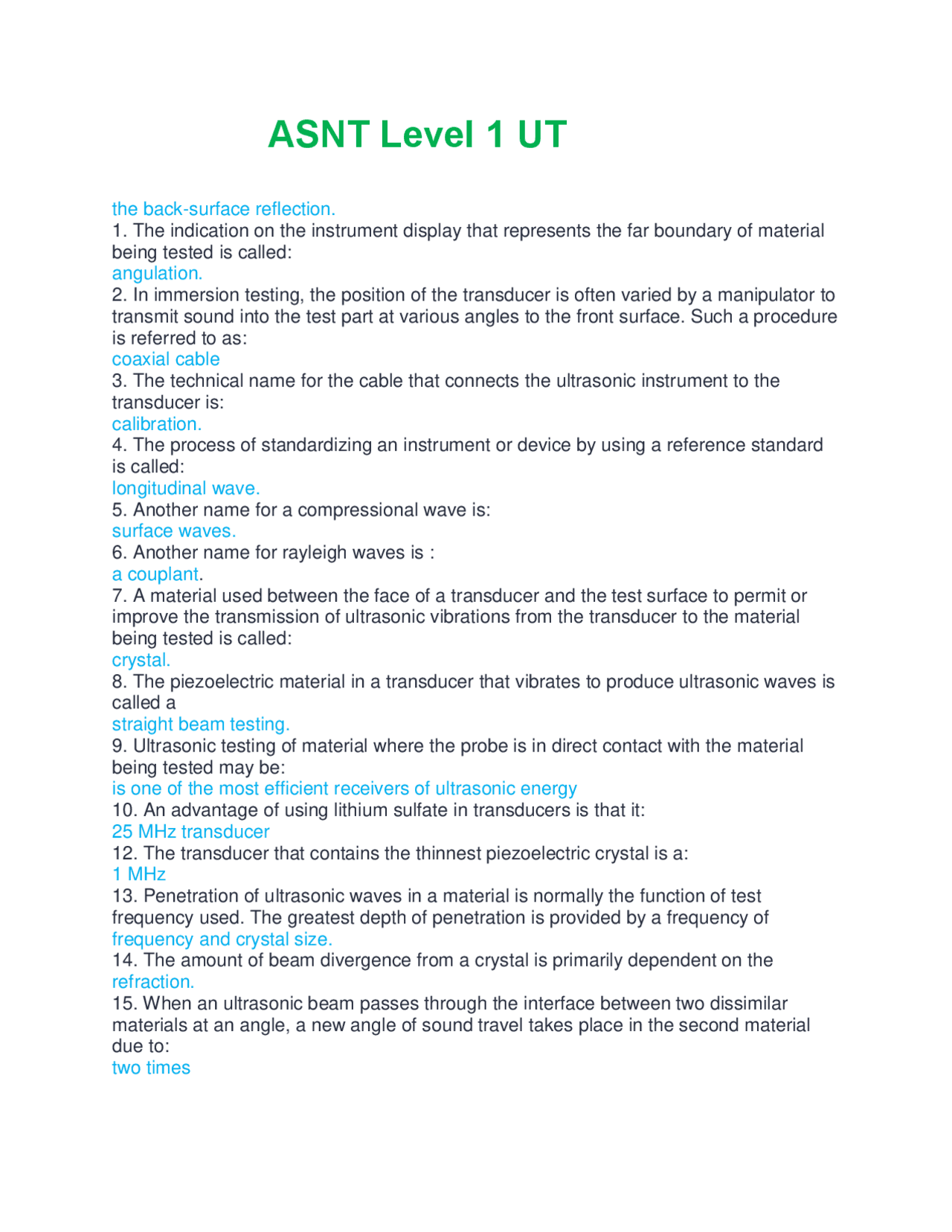 ASNT Level 1 UT questions and Detailed correct answers 100% 2025 ...