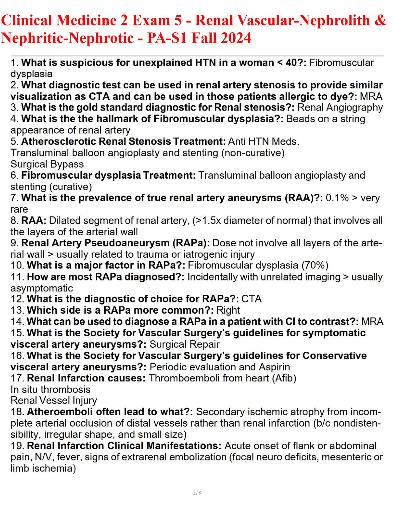 Clinical Medicine 2 Exam 5 - Renal Vascular-Nephrolith & Nephritic ...