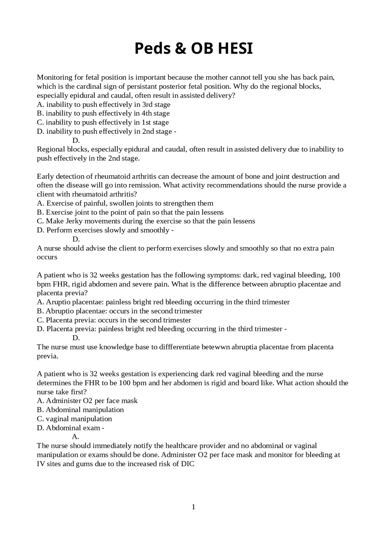 Peds & OB HESI Peds & OB HESI | Exams Nursing | Docsity