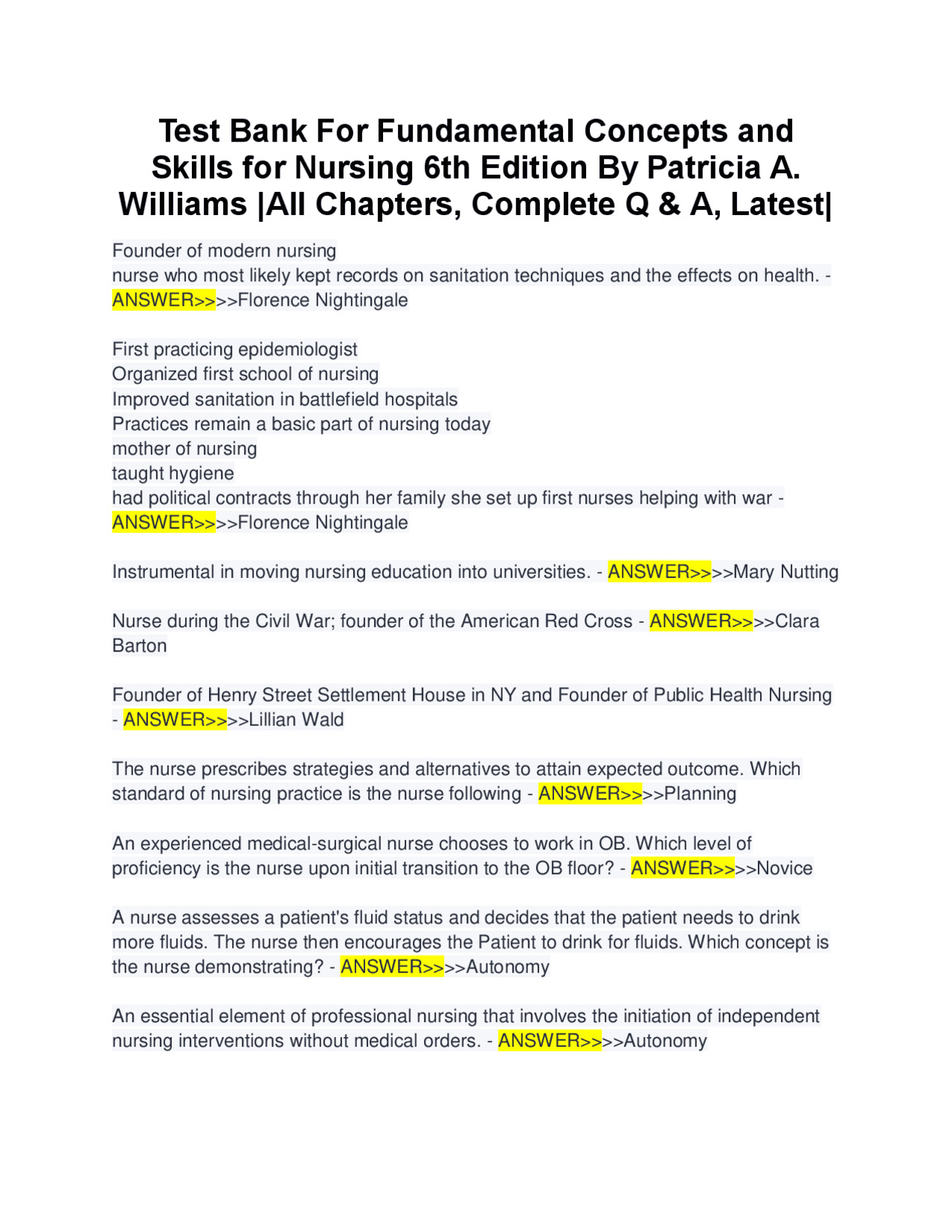 Fundamental Concepts & Skills for Nursing: Test Bank (6th Edition ...