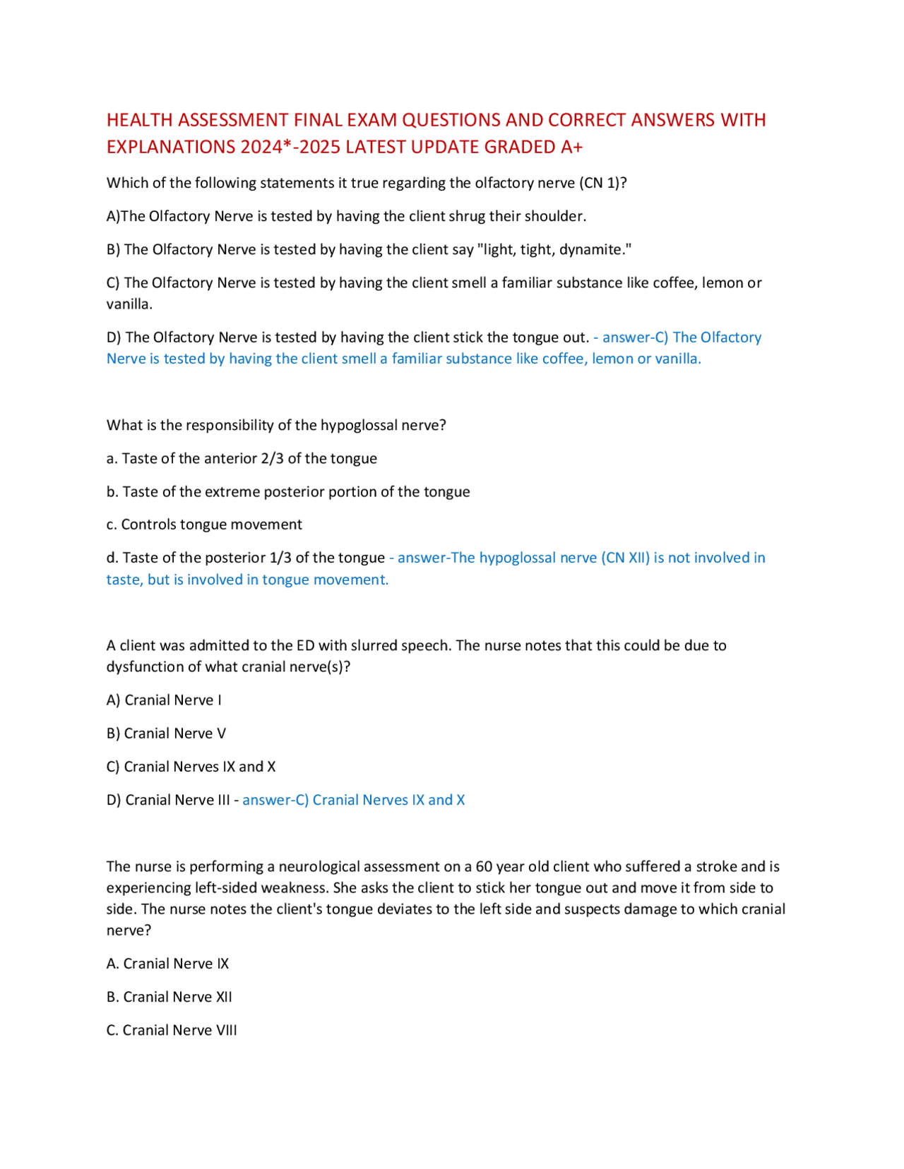 HEALTH ASSESSMENT FINAL EXAM QUESTIONS AND CORRECT ANSWERS WITH ...