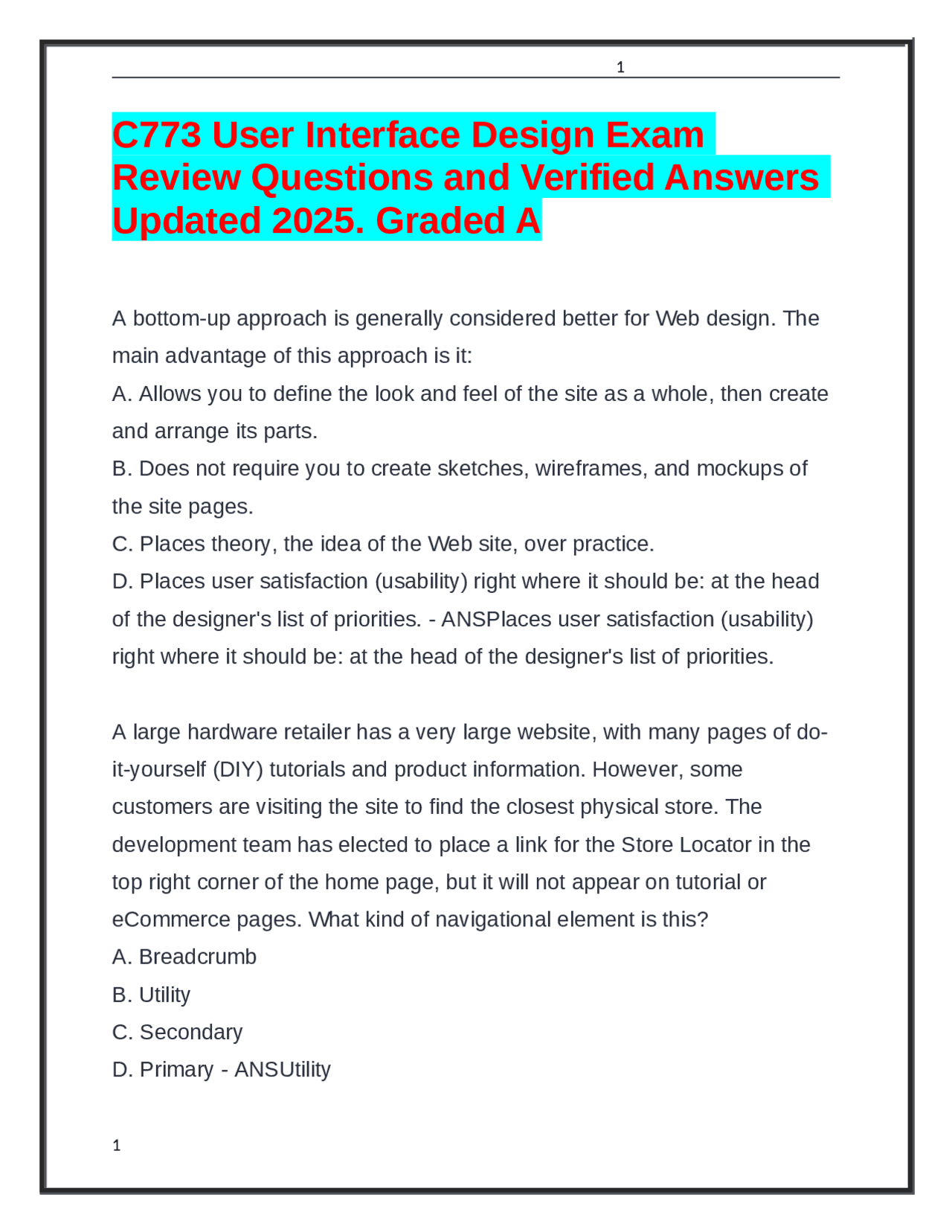 C773 User Interface Design Exam Review Questions & Verified Answers Updated 2025. Graded A ...