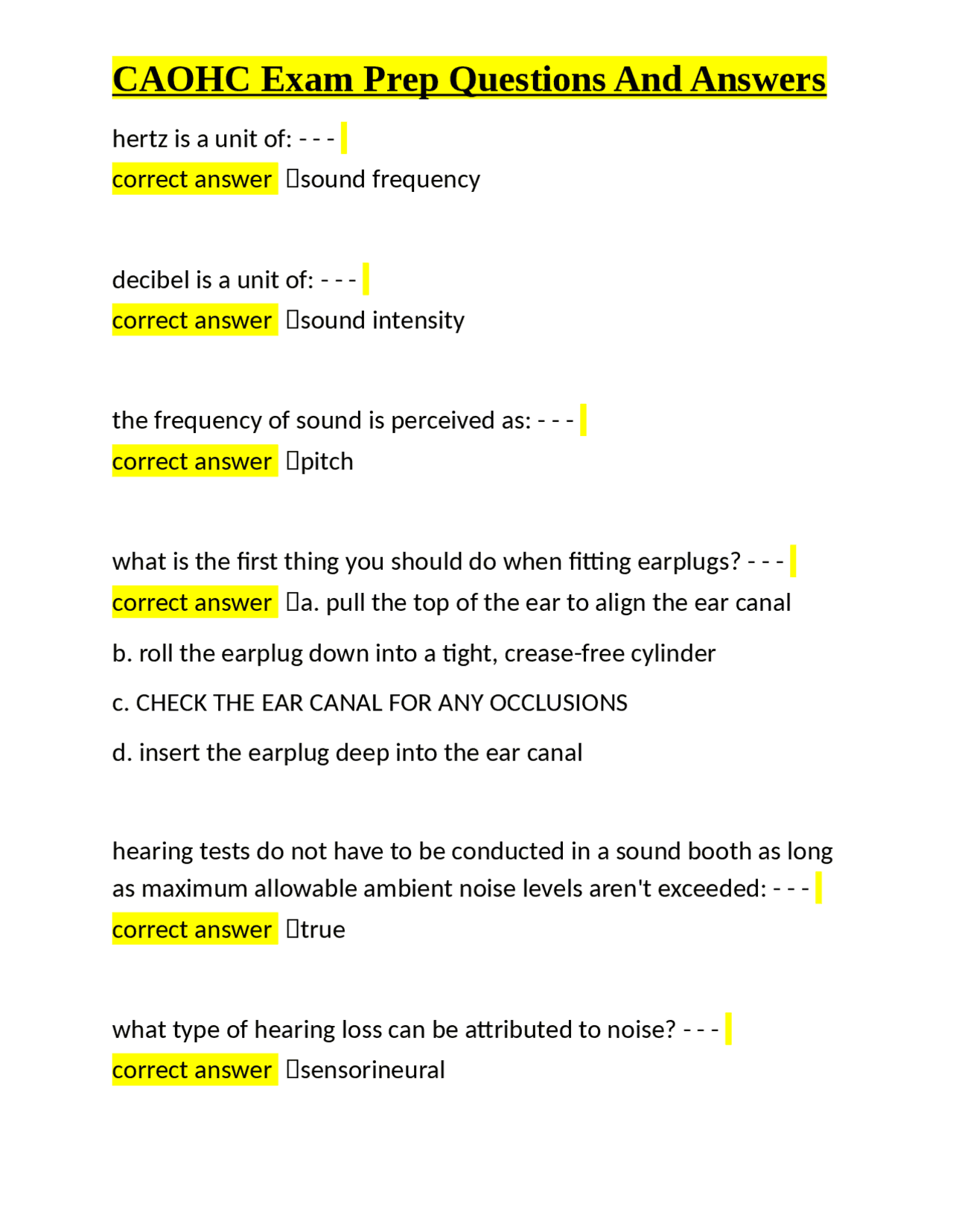 CAOHC Exam Prep Questions and Answers: Noise Exposure and Hearing ...