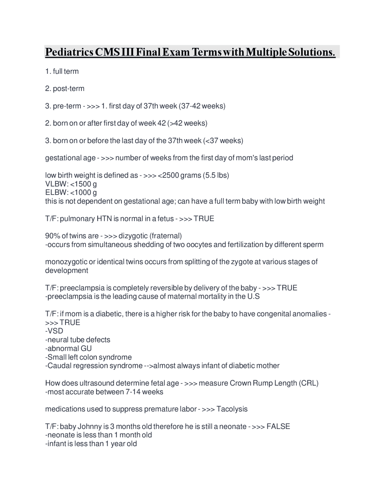 Pediatrics CMS III Final Exam Terms with Multiple Solutions. | Exams Pediatrics | Docsity