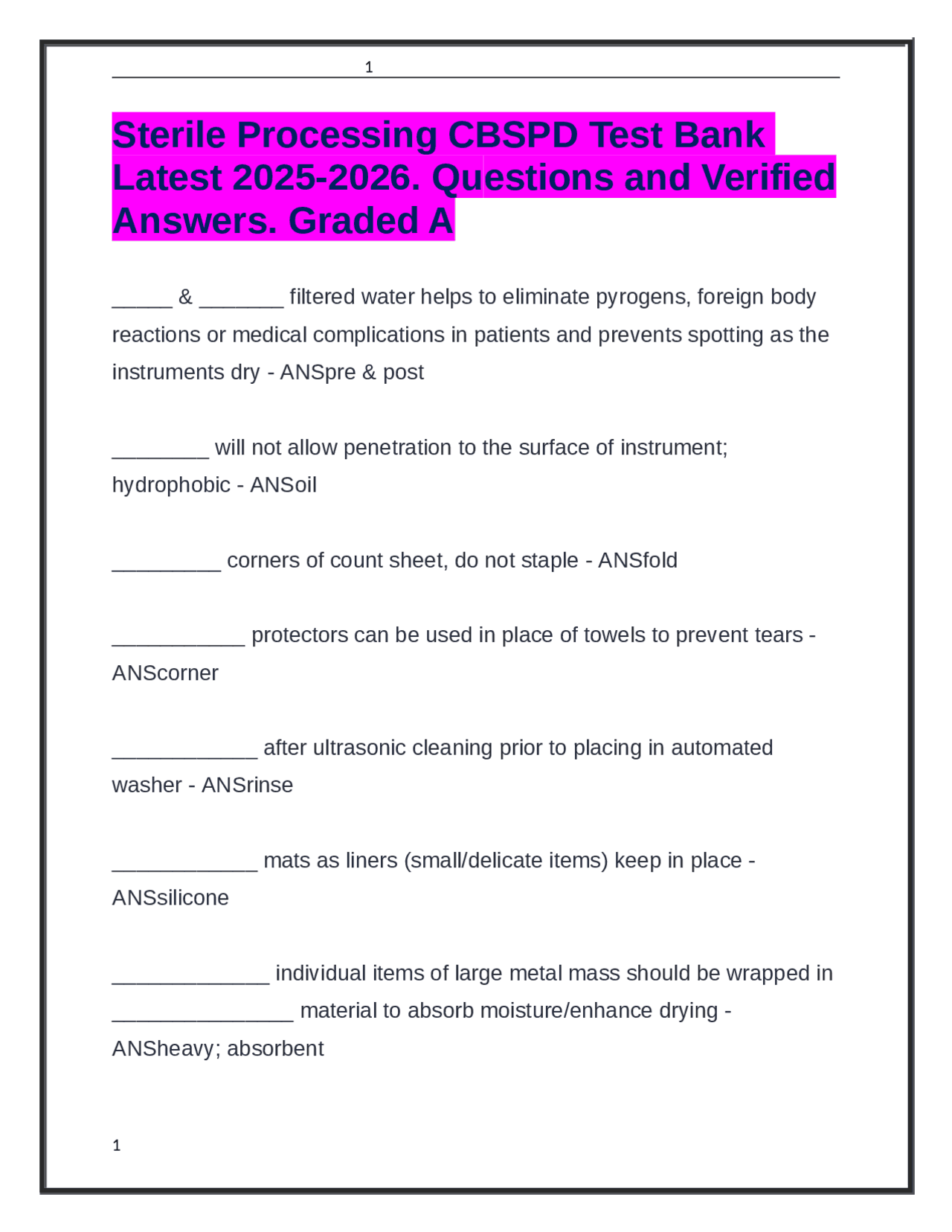 Sterile Processing CBSPD Test Bank Latest 2025-2026. Questions ...