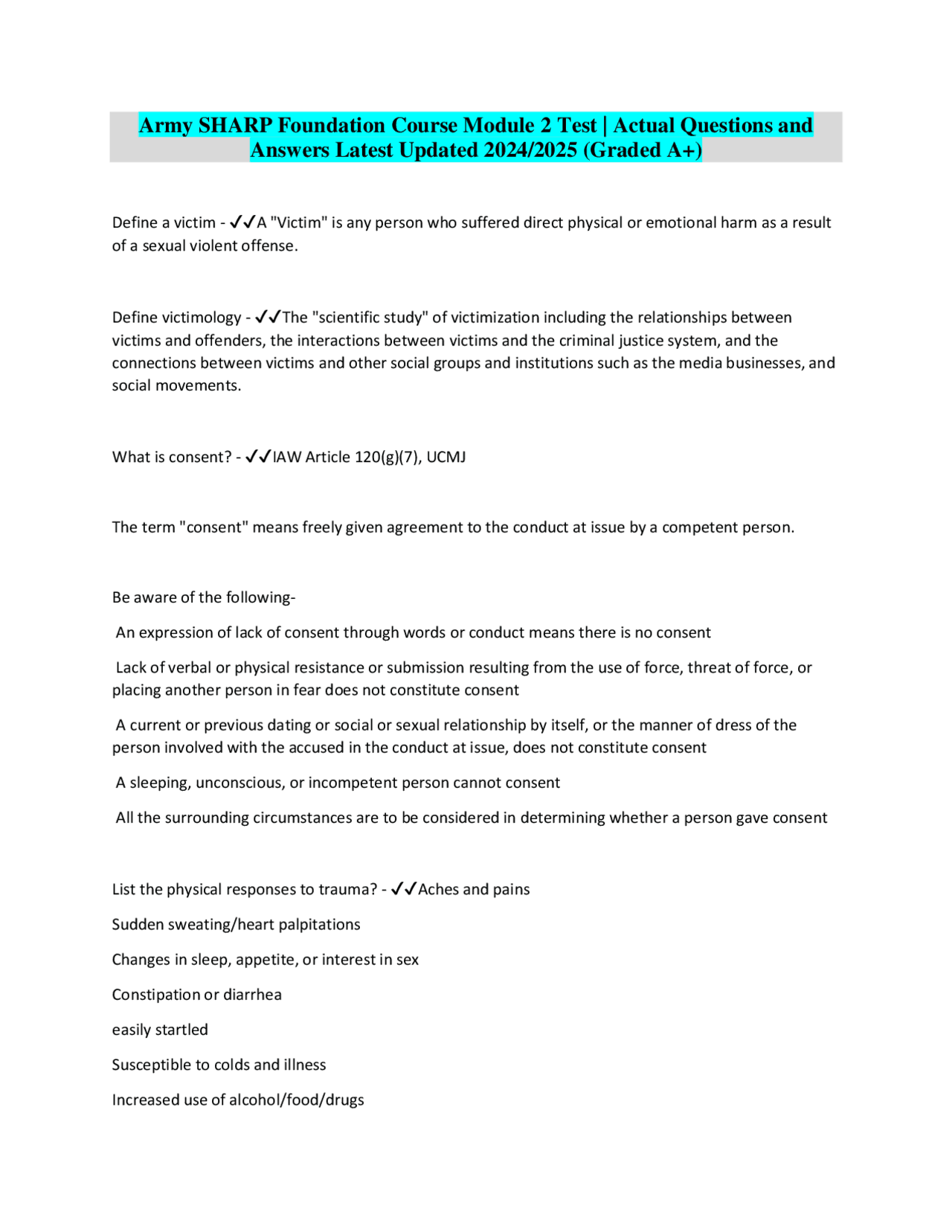 Army SHARP Foundation Course Module 2 Test | Actual Questions and ...