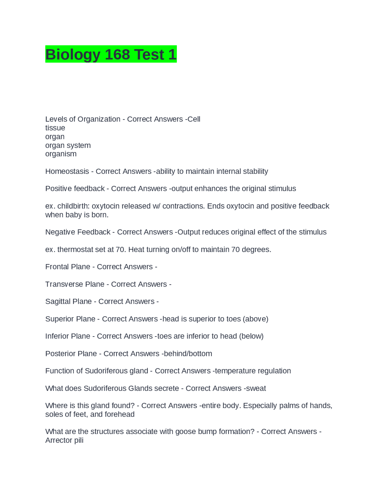 Biology 168 Test 1: Levels of Organization, Homeostasis, and Cell ...