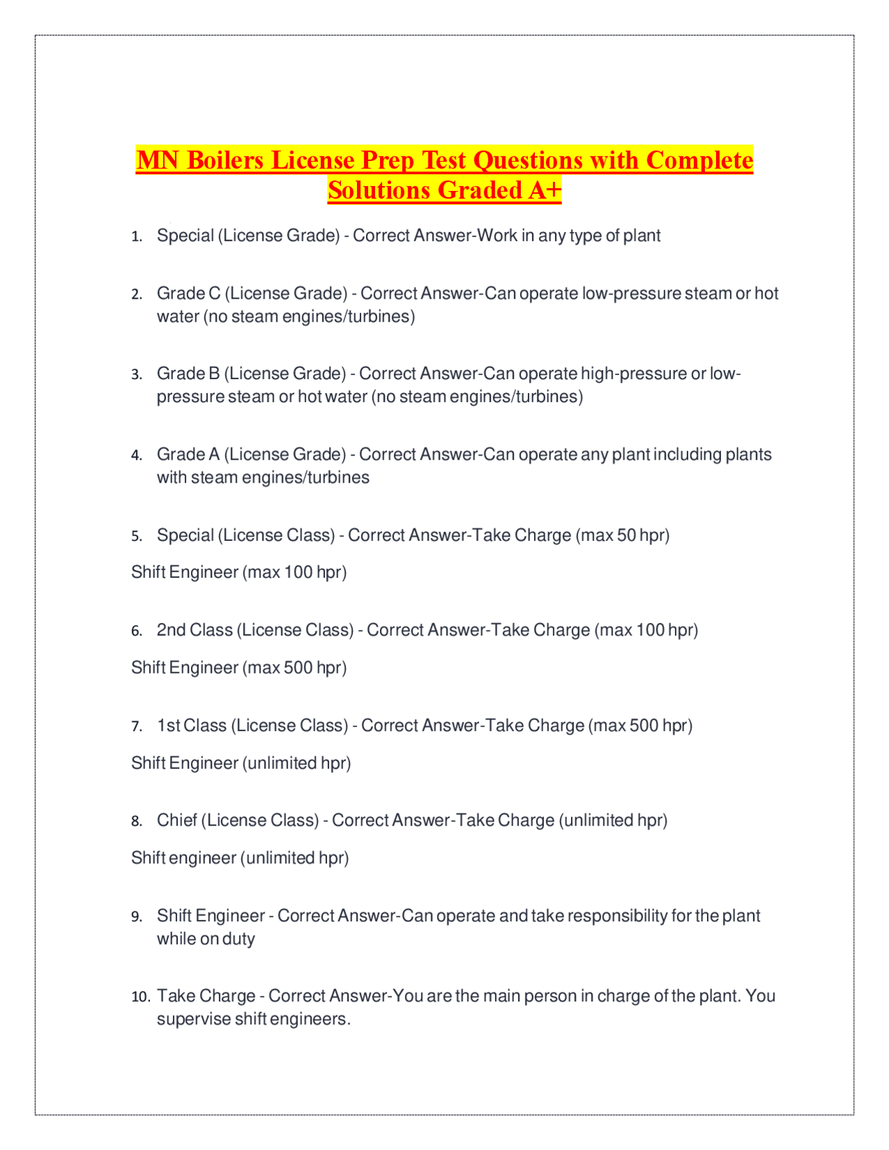 MN Boilers License Prep Test Questions with Complete Solutions Graded ...